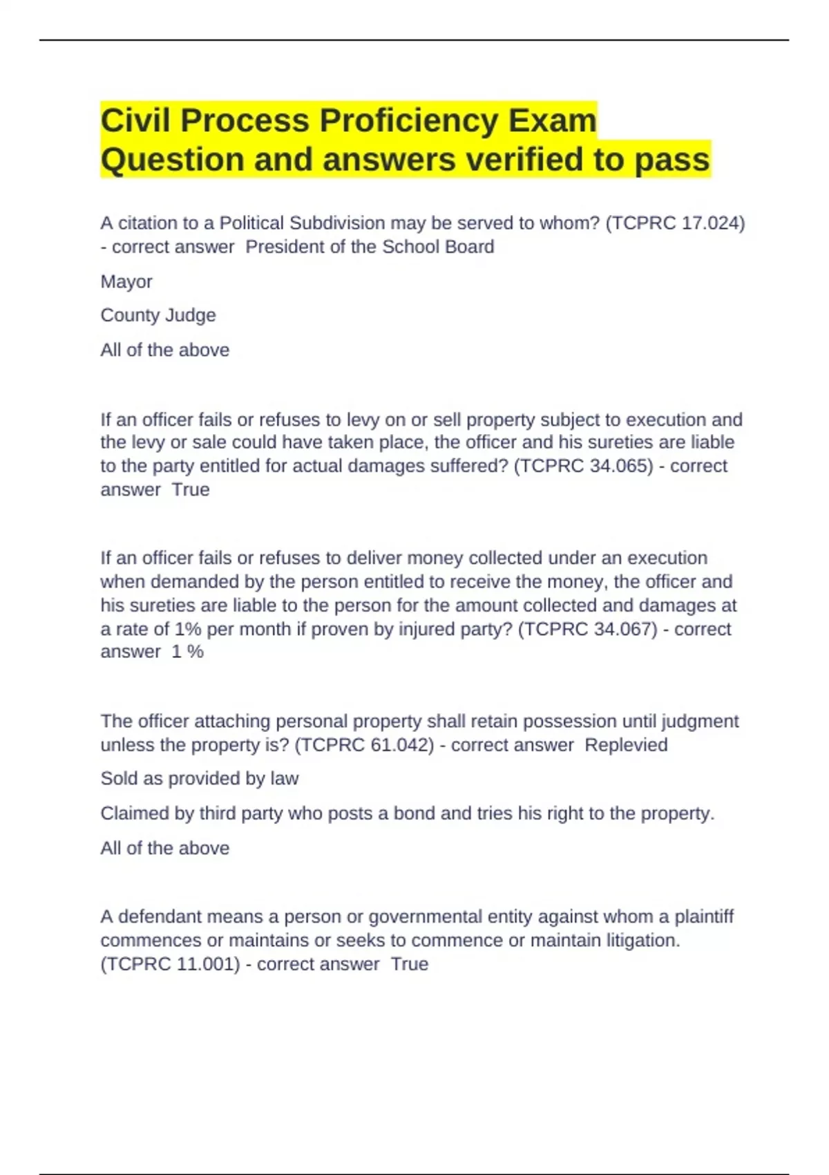Civil Process Proficiency Exam Question and answers verified to pass ...