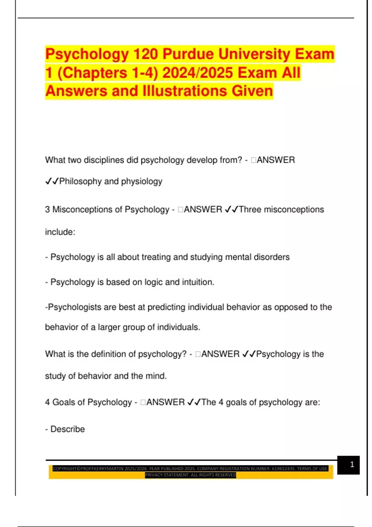 Psychology 120 Purdue University Exam 1 (Chapters 1-4) 2024/2025 Exam ...