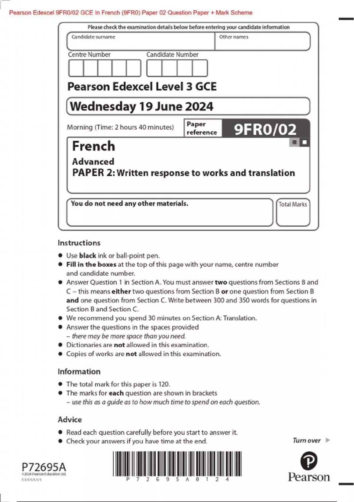 Pearson Edexcel 9FR0/02 GCE In French (9FR0) Paper 02 Question Paper ...