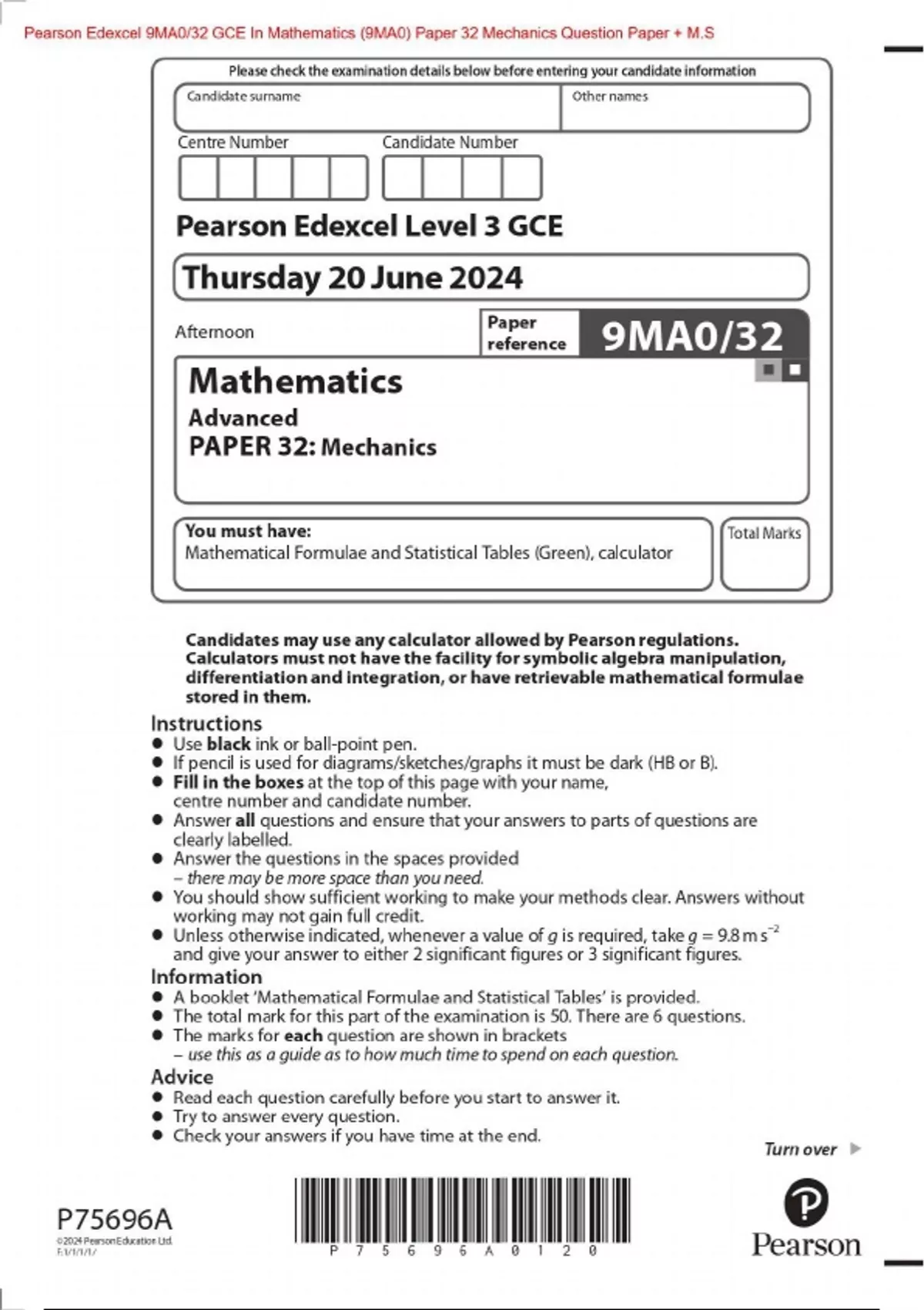 Pearson Edexcel 9MA0/32 GCE In Mathematics (9MA0) Paper 32 Mechanics ...