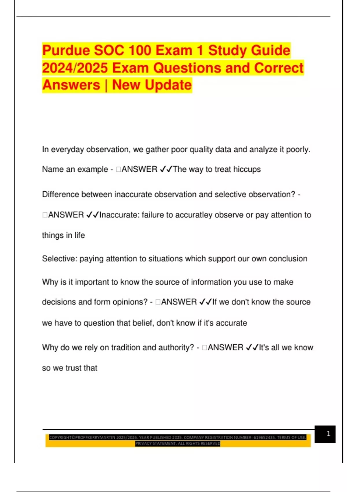 Purdue SOC 100 Exam 1 Study Guide 2024/2025 Exam Questions and Correct ...