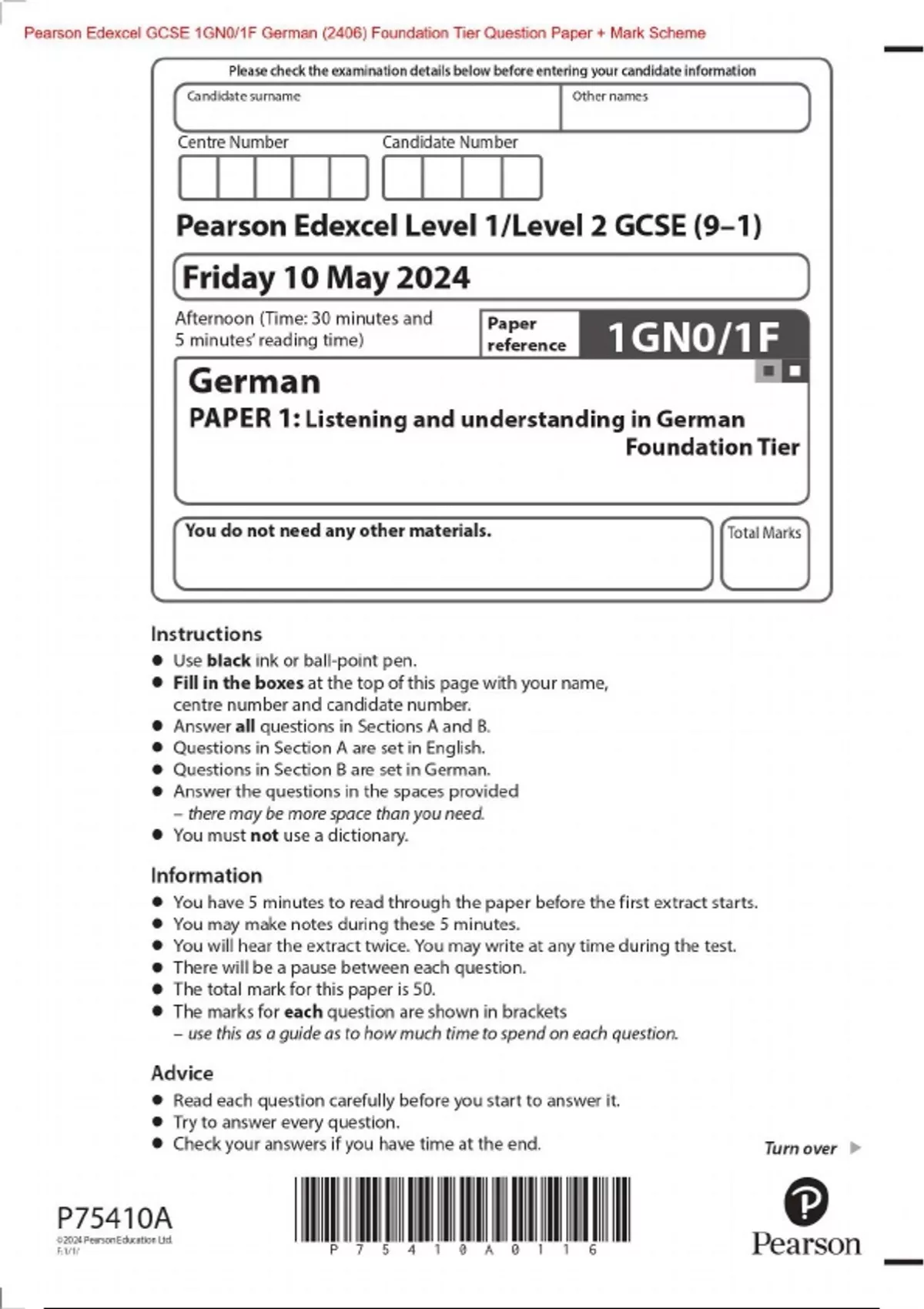 Pearson Edexcel GCSE 1GN0/1F German (2406) Foundation Tier Question ...