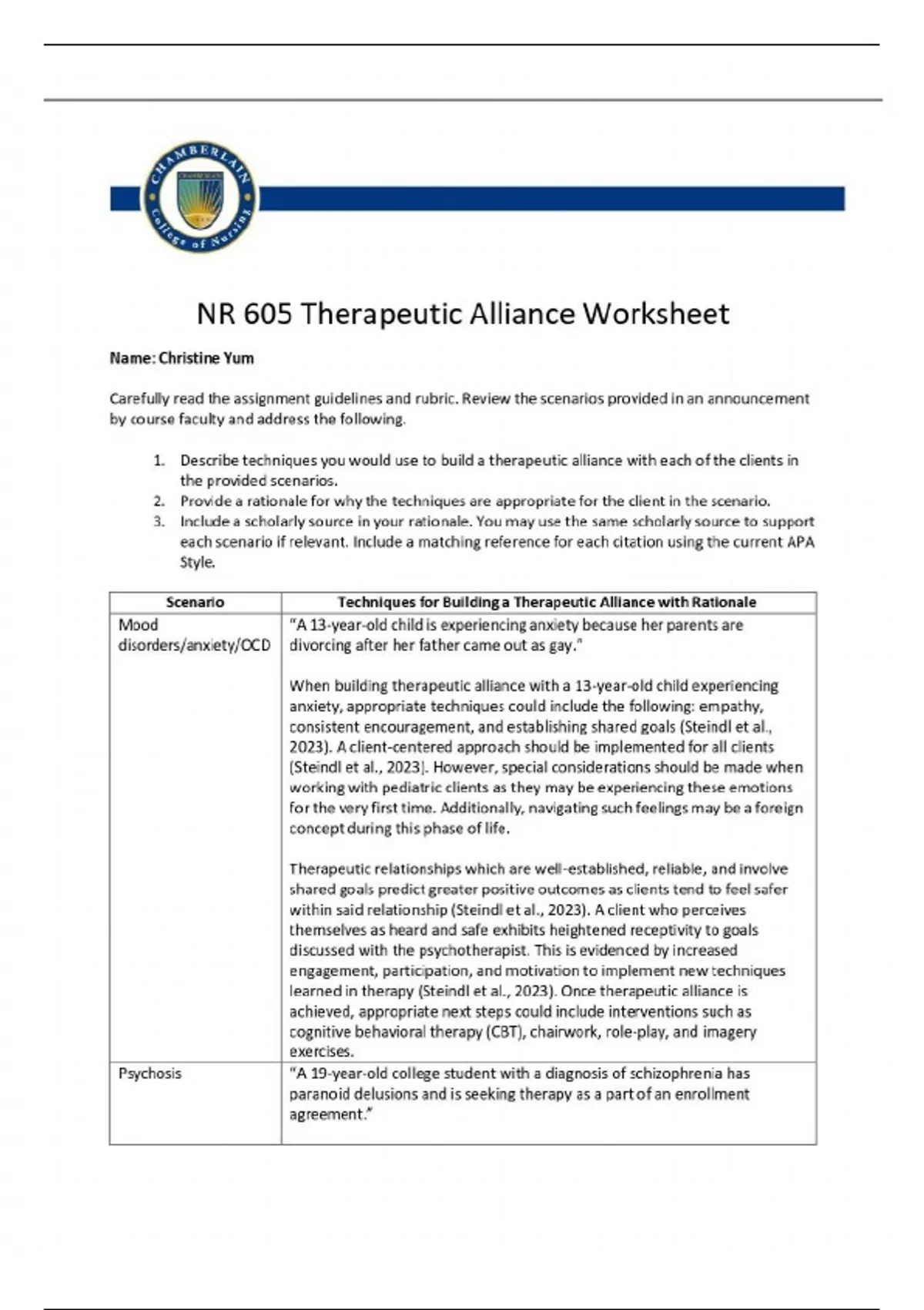 NR 605 Therapeutic Alliance Worksheet |2025 Update with complete ...