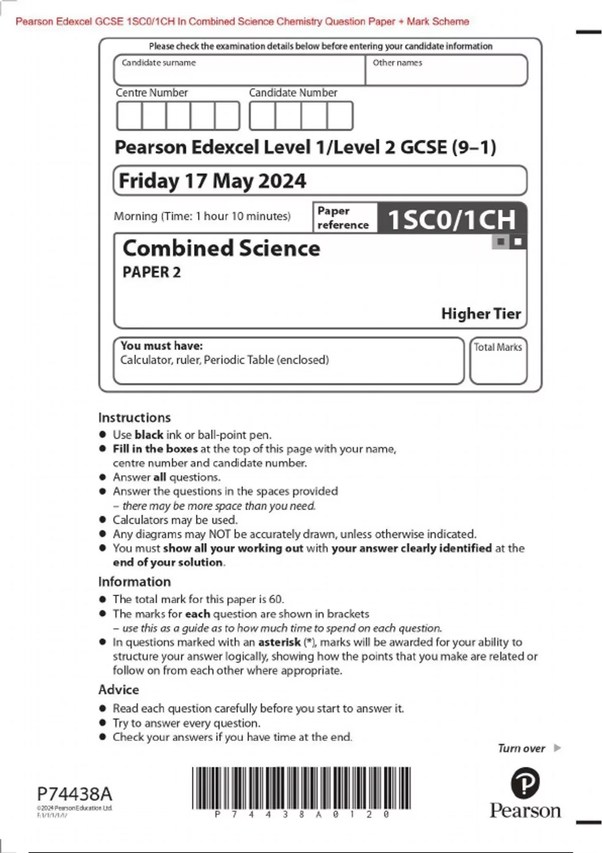 Pearson Edexcel GCSE 1SC0/1CH In Combined Science Chemistry Question ...