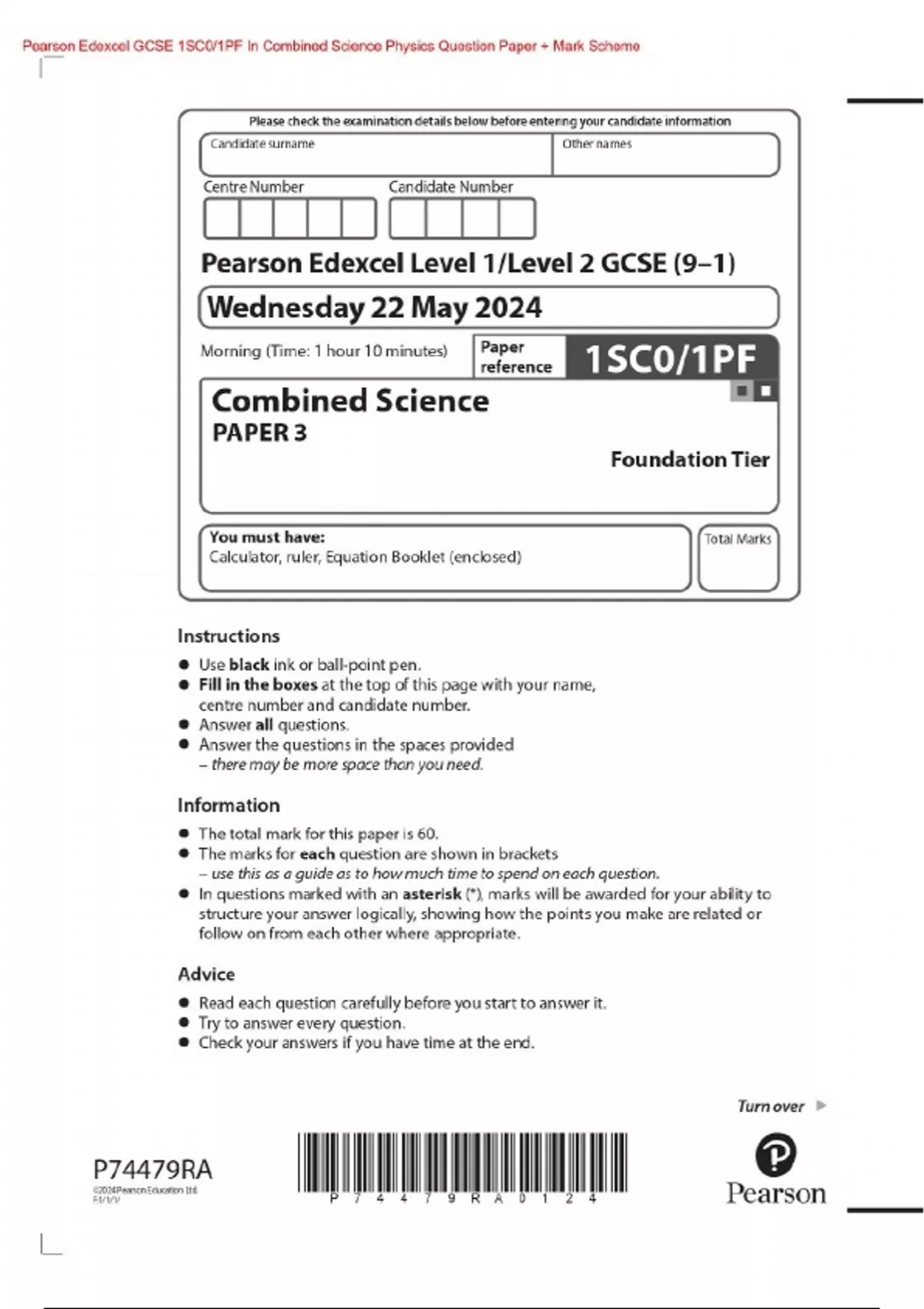 Pearson Edexcel GCSE 1SC0/1PF In Combined Science Physics Question ...