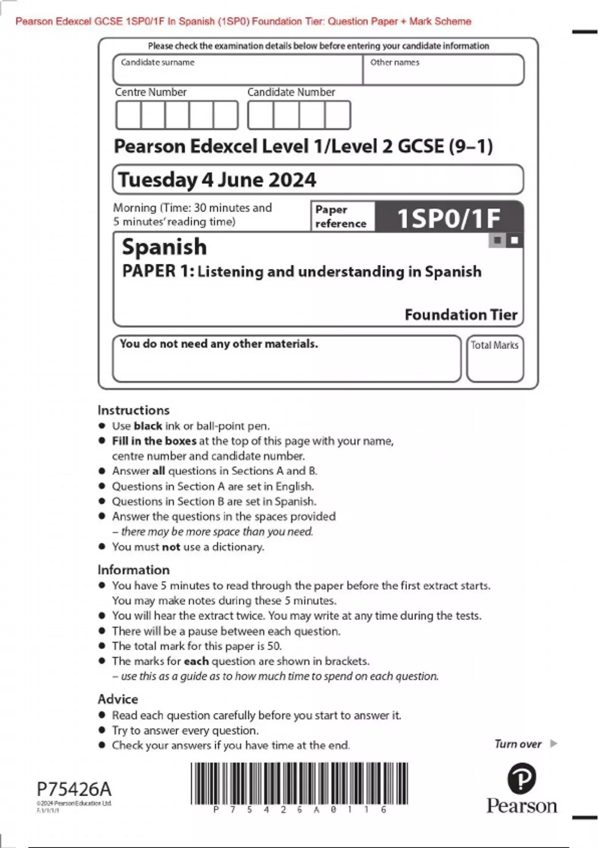 Pearson Edexcel GCSE 1SP0/1F In Spanish (1SP0) Foundation Tier ...
