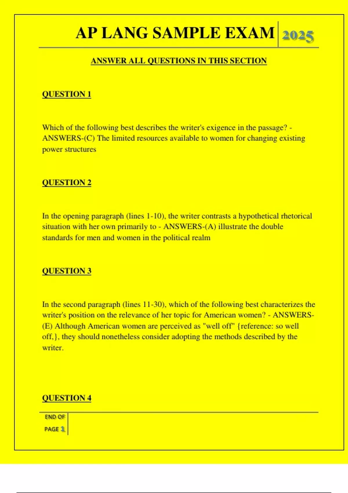 AP Lang Sample Exam QUESTIONS AND ANSWERS 2025 - AP LANG - Stuvia US