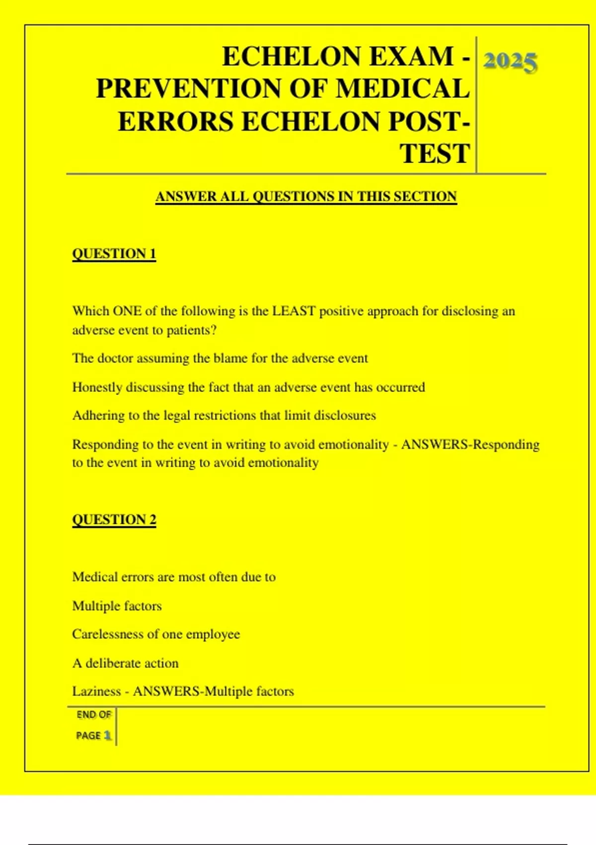 ECHELON EXAM - PREVENTION OF MEDICAL ERRORS ECHELON POST TEST ECHELON ...