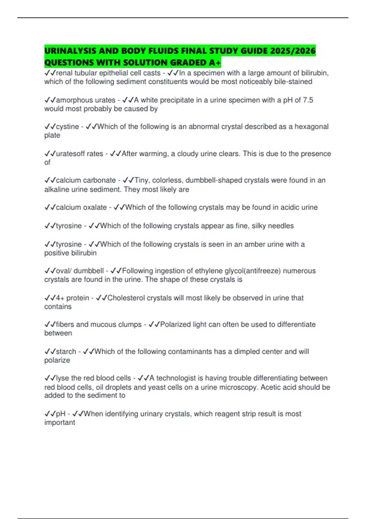 URINALYSIS AND BODY FLUIDS FINAL STUDY GUIDE 2025/2026 QUESTIONS WITH ...