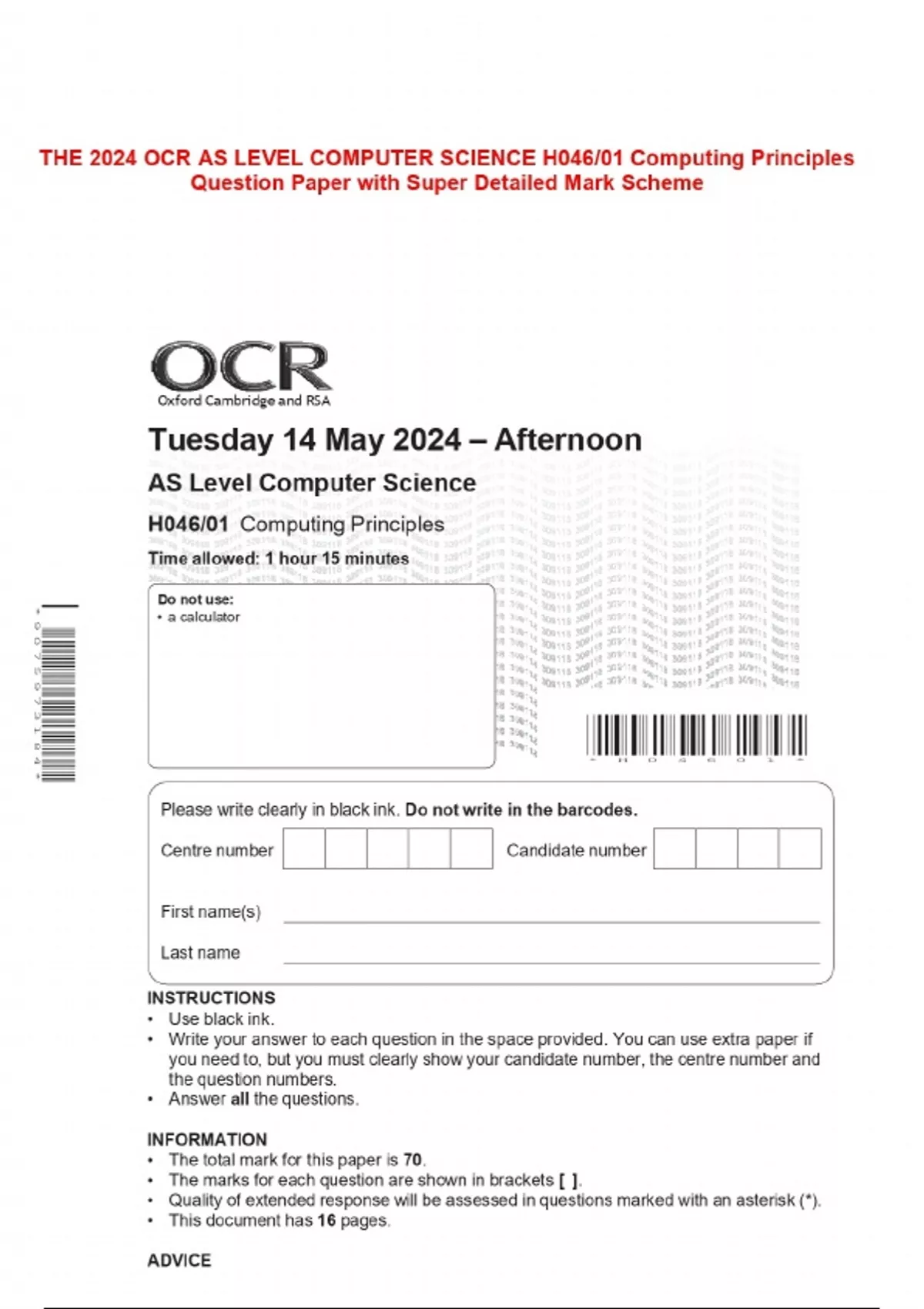THE 2024 OCR AS LEVEL COMPUTER SCIENCE Question Paper with Super ...