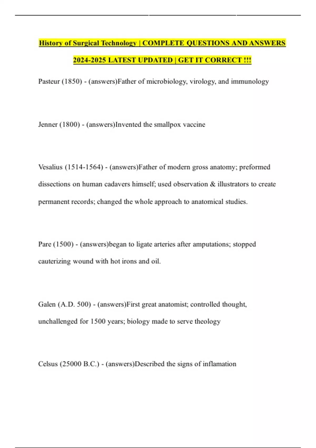 History of Surgical Technology | COMPLETE QUESTIONS AND ANSWERS LATEST ...