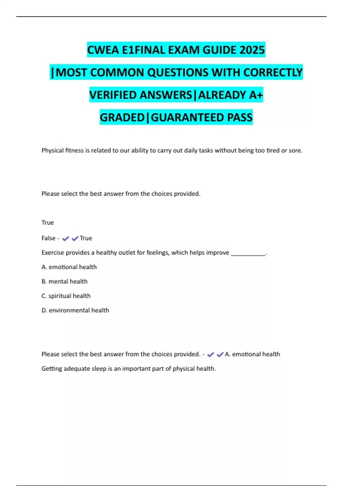 CWEA E1FINAL EXAM GUIDE 2025 |MOST COMMON QUESTIONS WITH CORRECTLY ...