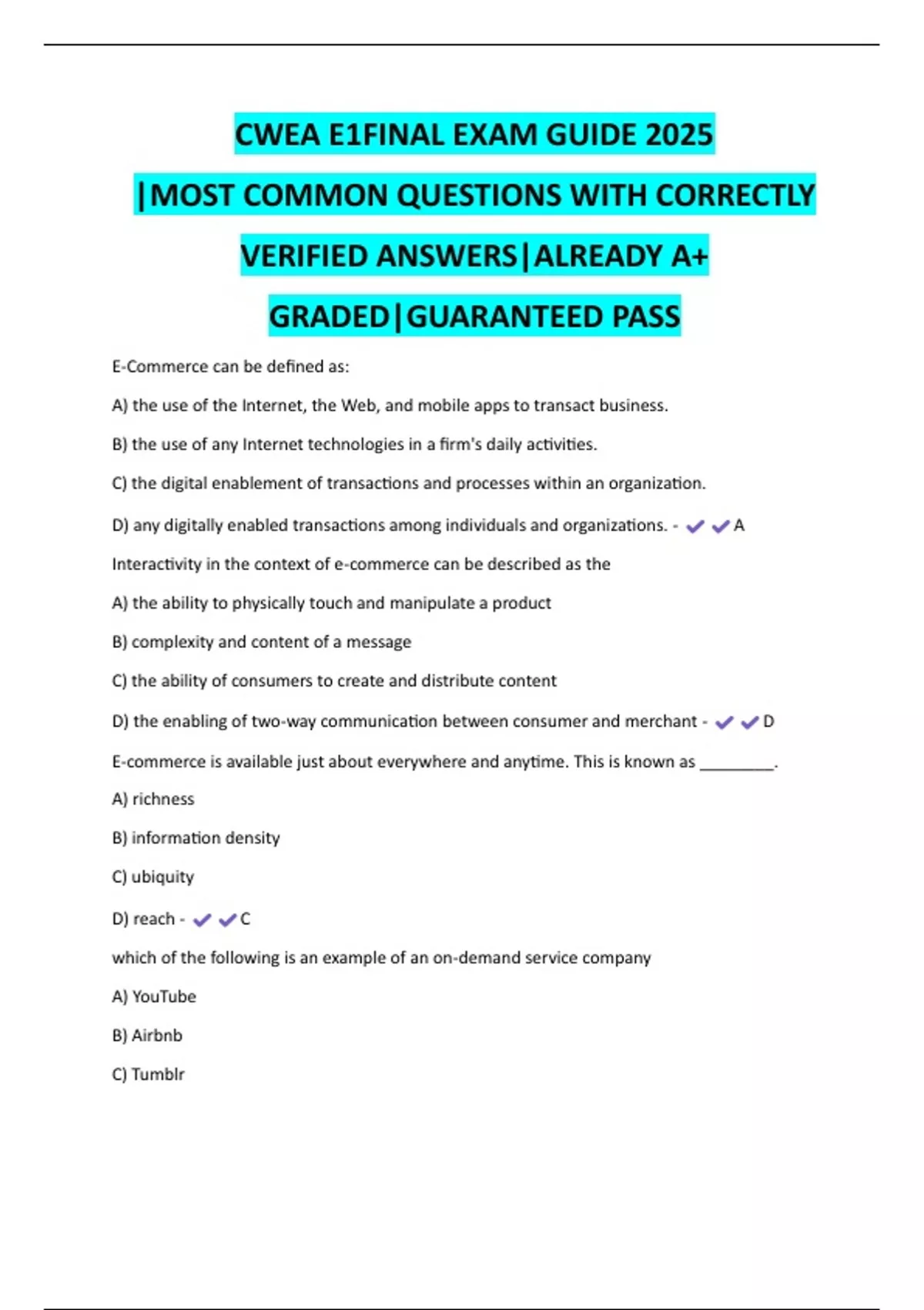 CWEA E1FINAL EXAM GUIDE 2025 |MOST COMMON QUESTIONS WITH CORRECTLY ...