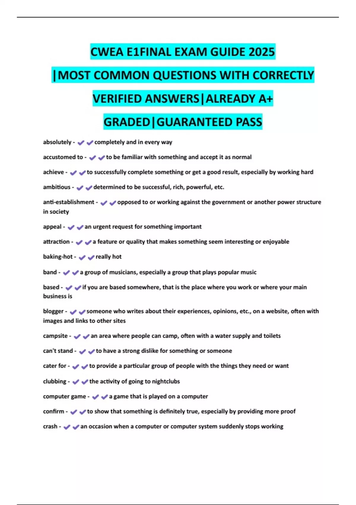 CWEA E1FINAL EXAM GUIDE 2025 |MOST COMMON QUESTIONS WITH CORRECTLY ...