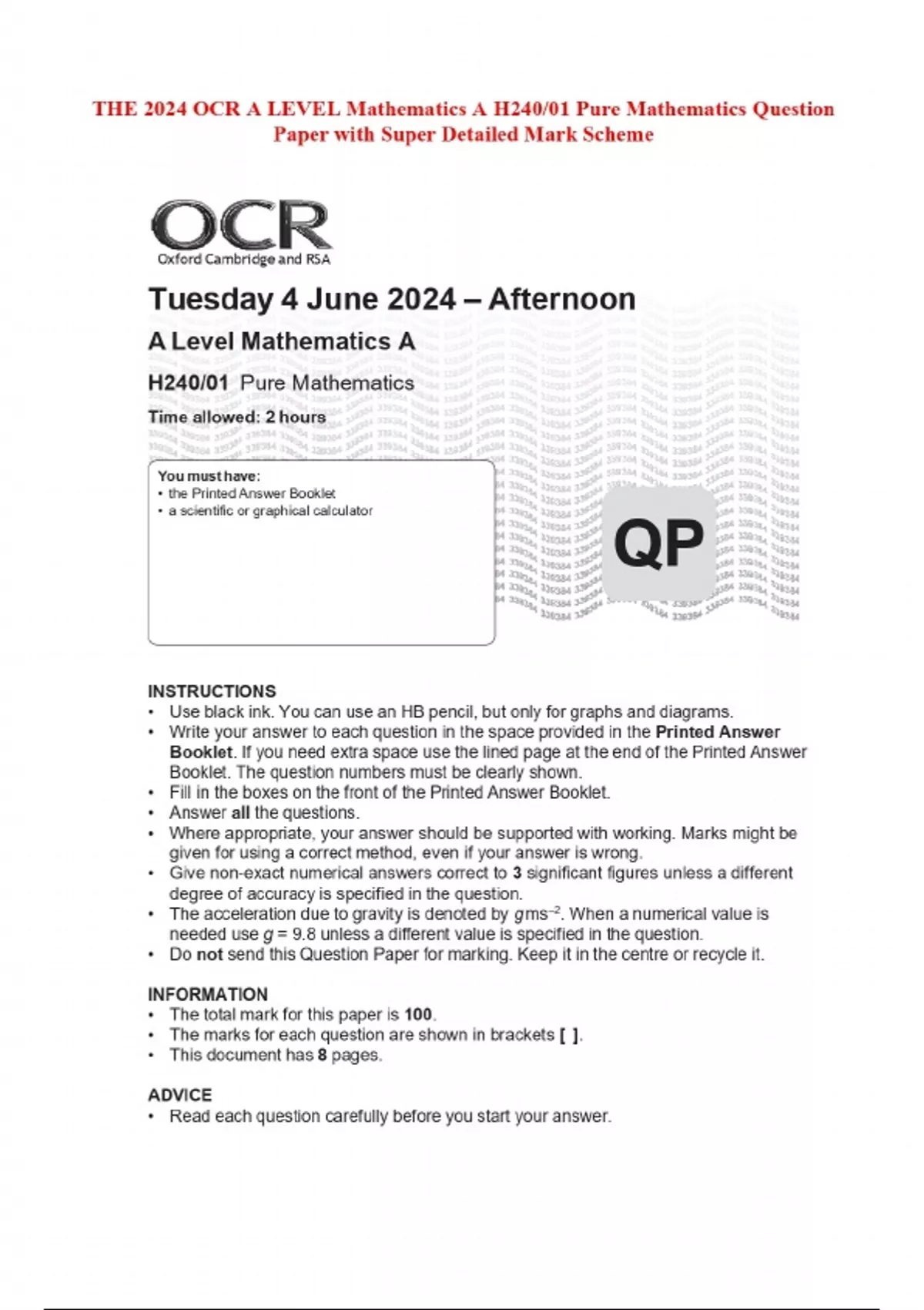 THE 2024 OCR A LEVEL Mathematics A Question Paper with Super Detailed ...