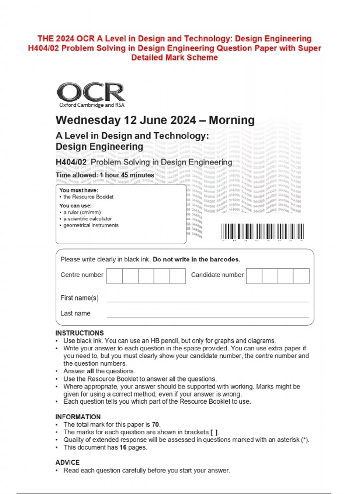 THE 2024 OCR A Level in Design and Technology: Design Engineering H404/02 Problem Solving in ...