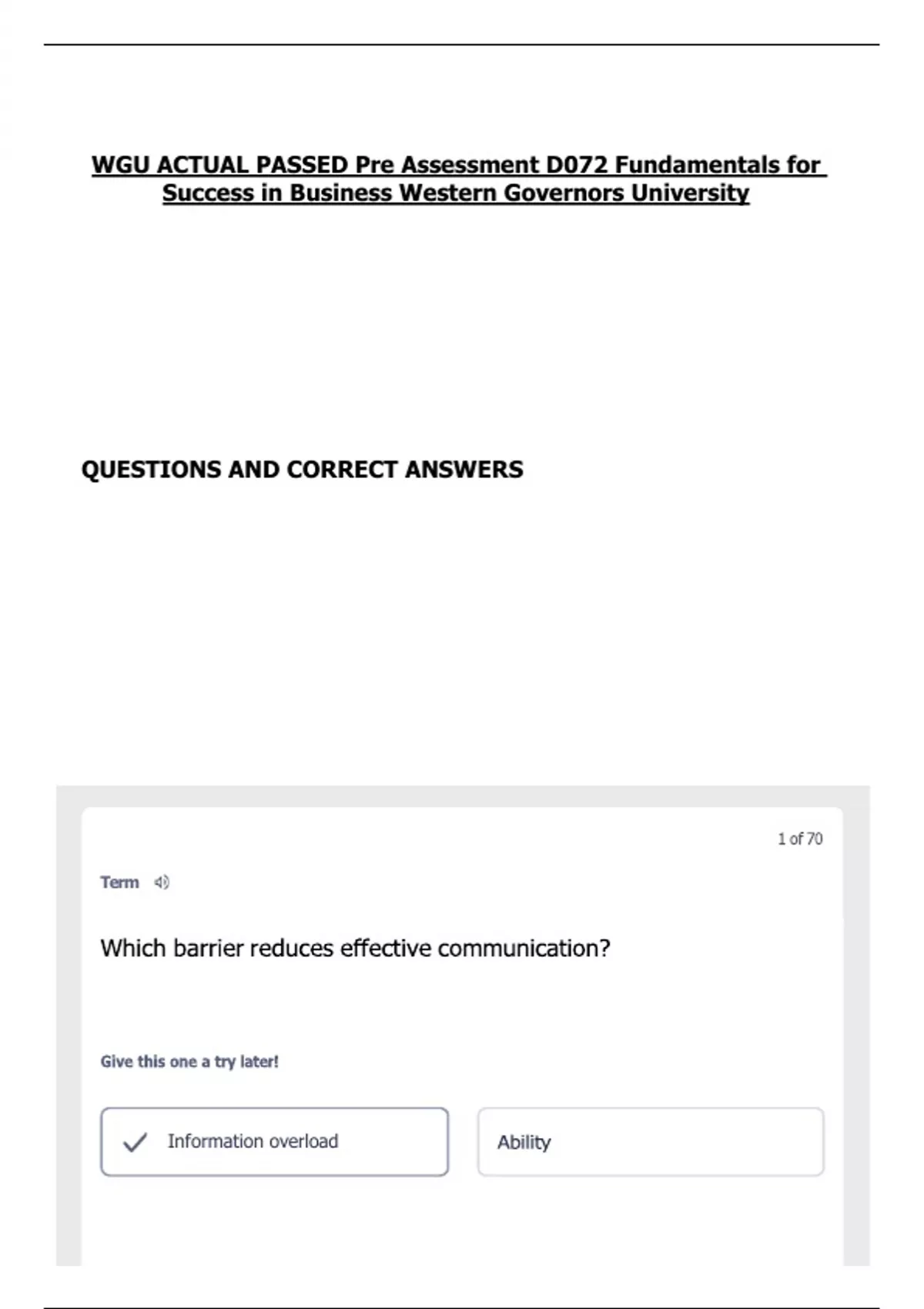 WGU ACTUAL PASSED Pre Assessment D072 Fundamentals for Success in ...