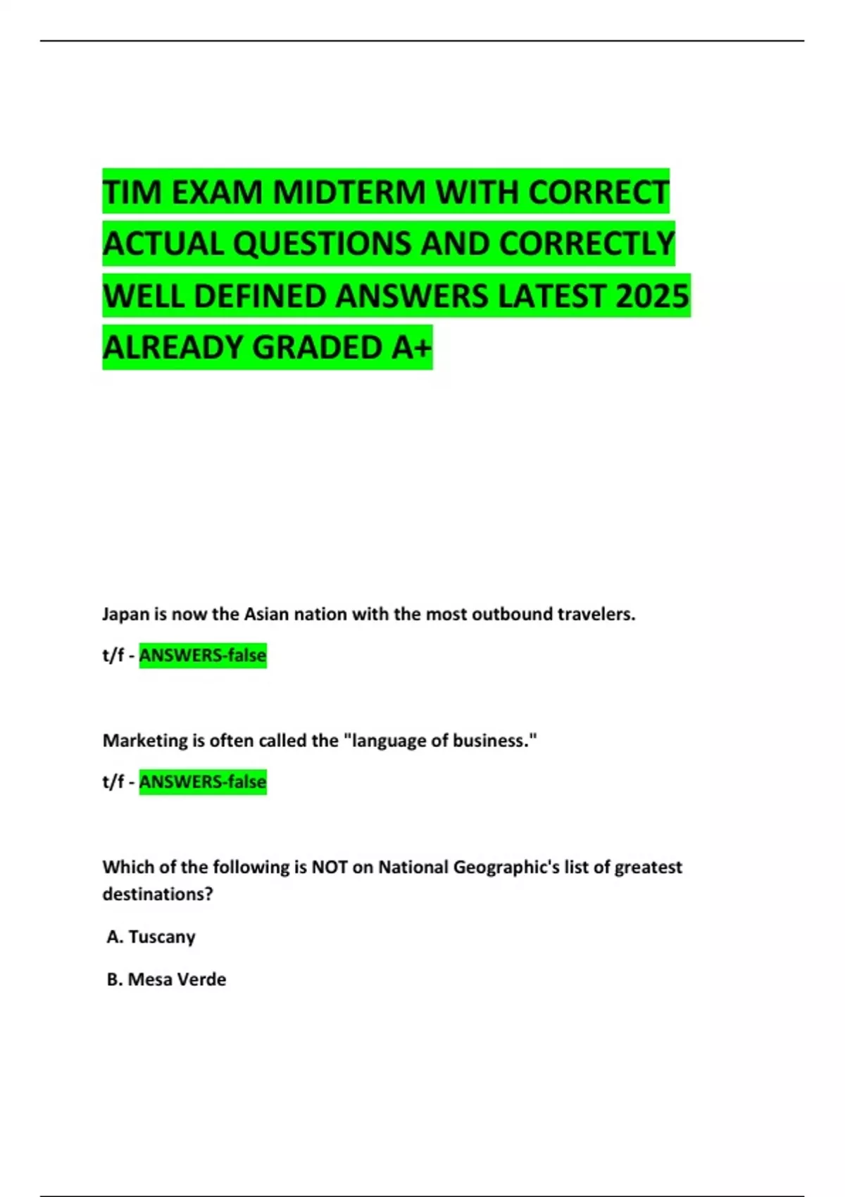 TIM EXAM MIDTERM WITH CORRECT ACTUAL QUESTIONS AND CORRECTLY WELL ...