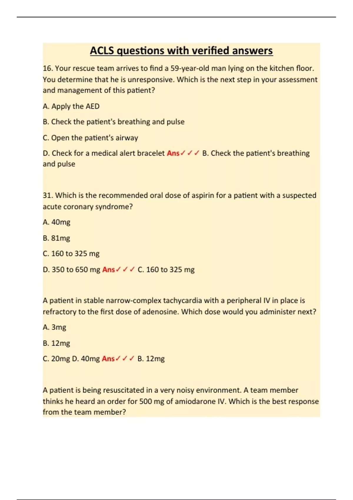 ACLS questions with verified answer4. - AHA ACLS - Stuvia US
