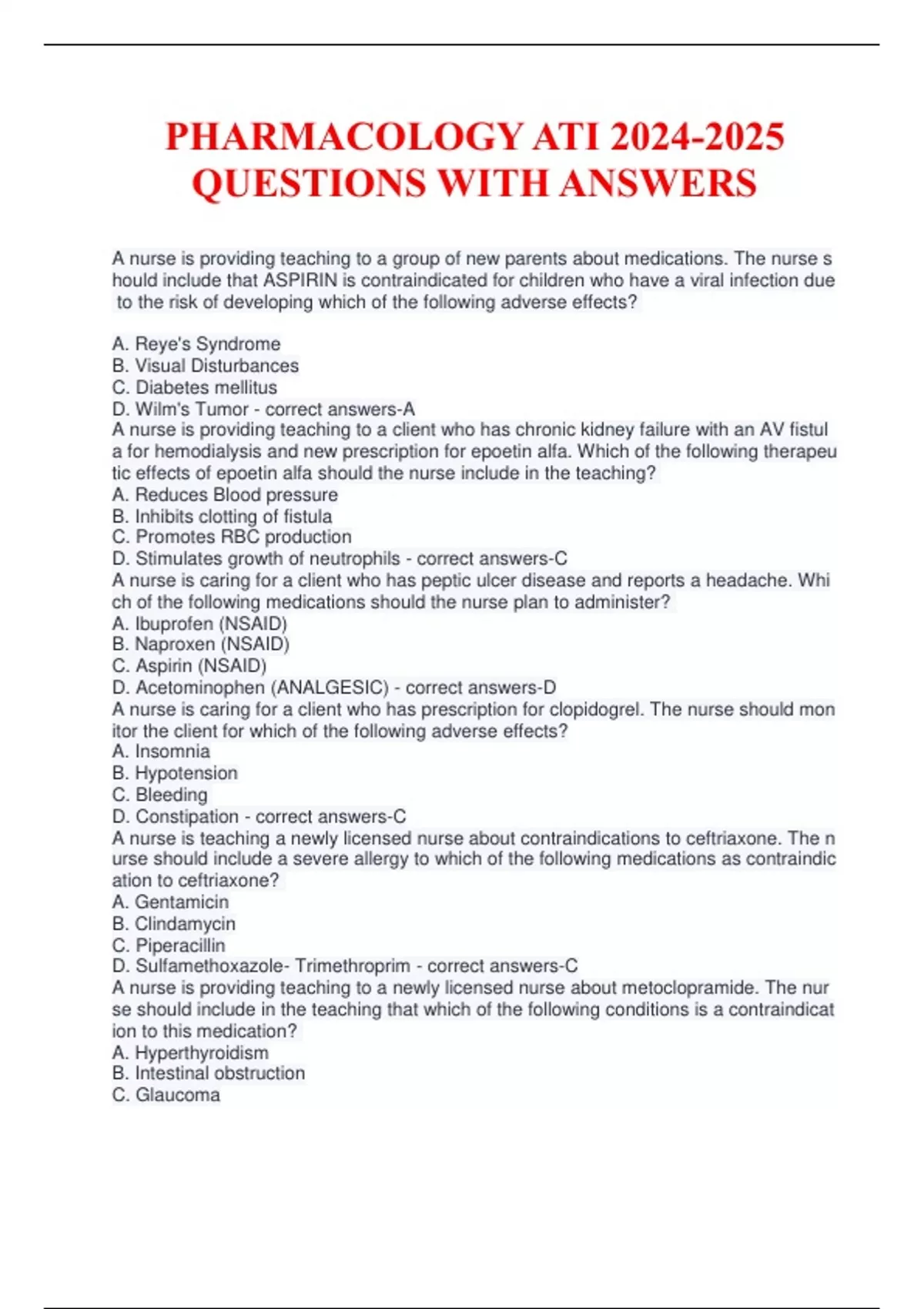 PHARMACOLOGY ATI QUESTIONS WITH ANSWERS - ATI PHARMACOLOGY PROCTORE ...