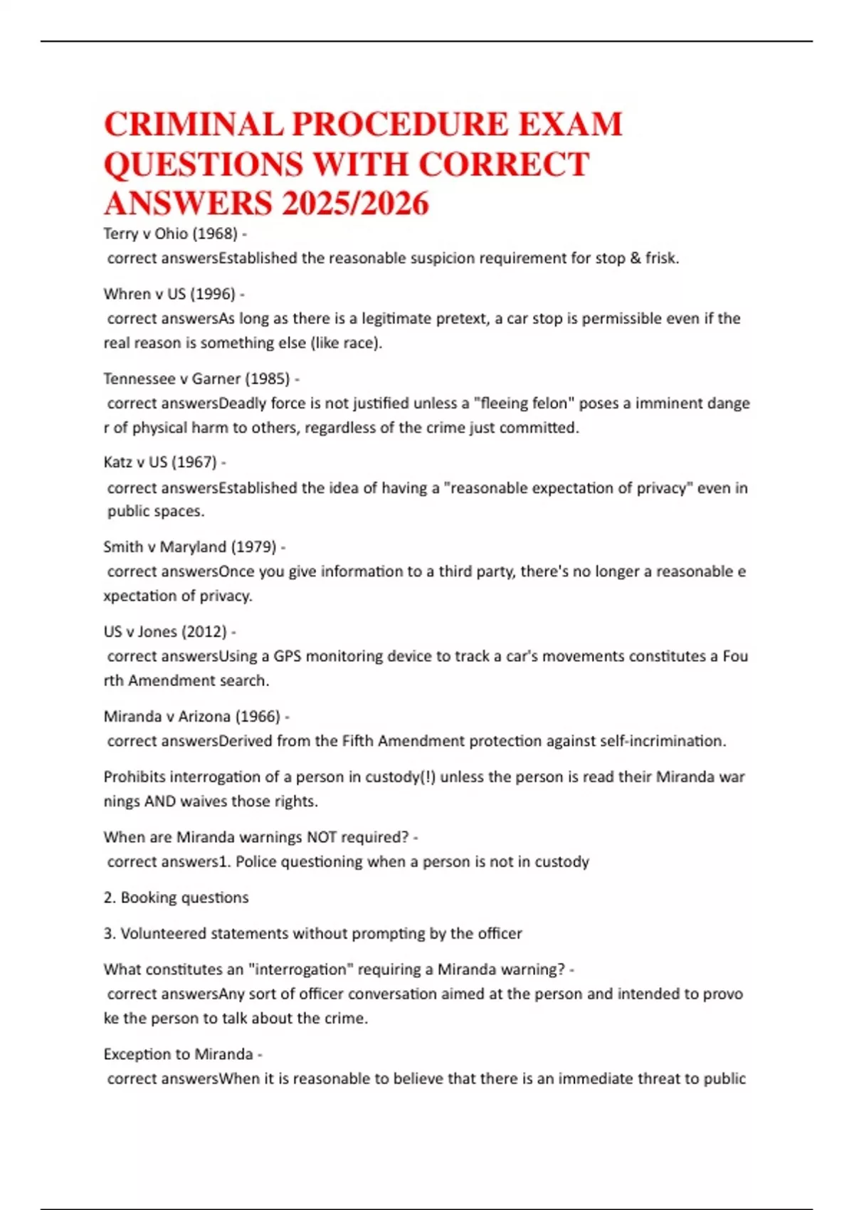 CRIMINAL PROCEDURE EXAM QUESTIONS WITH CORRECT ANSWERS 2025 - CRPC MODULE 5 - Stuvia US