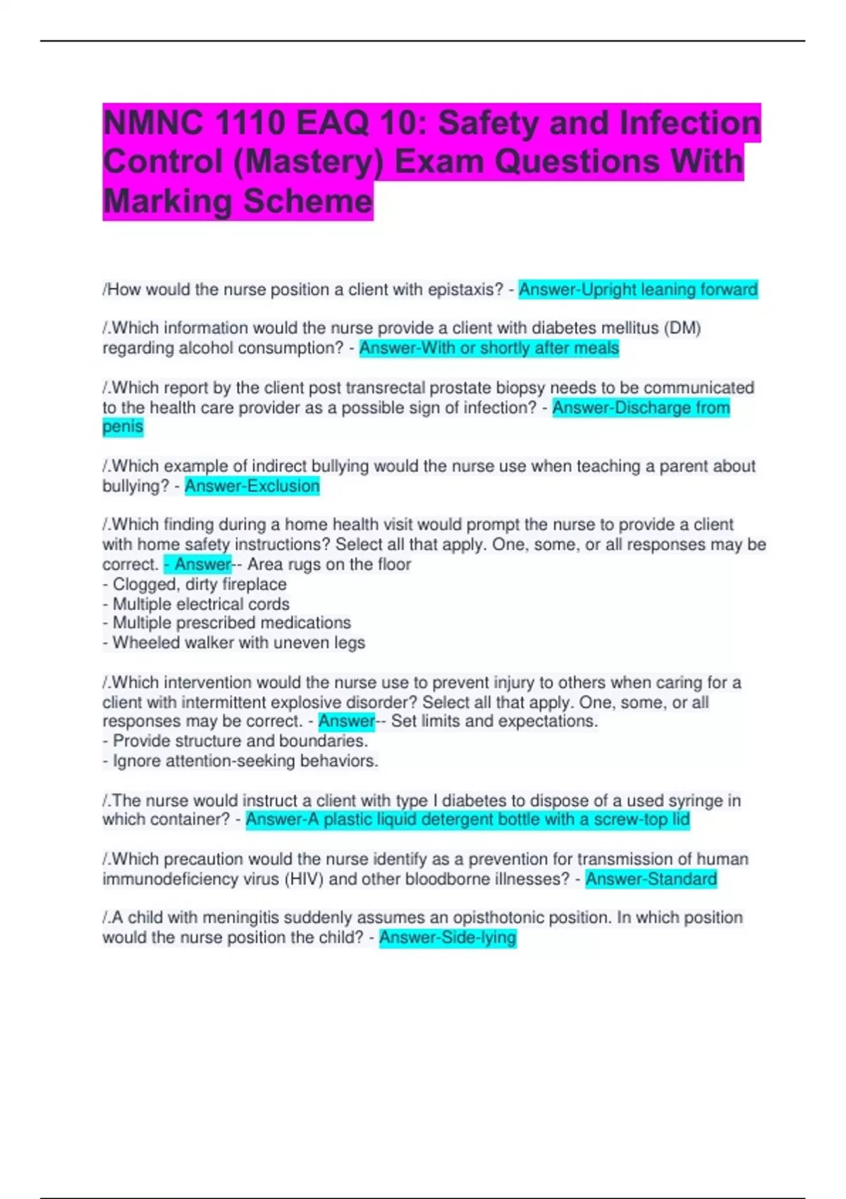 NMNC 1110 EAQ 10: Safety and Infection Control (Mastery) Exam Questions ...