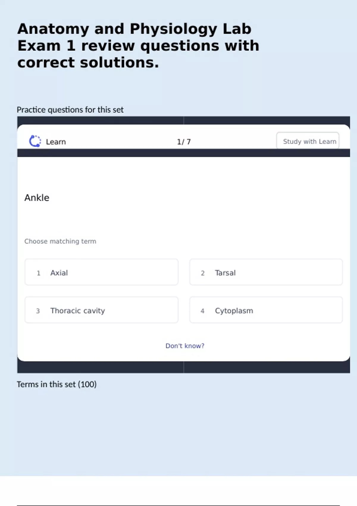 Anatomy and Physiology Lab Exam 1 review questions with correct ...