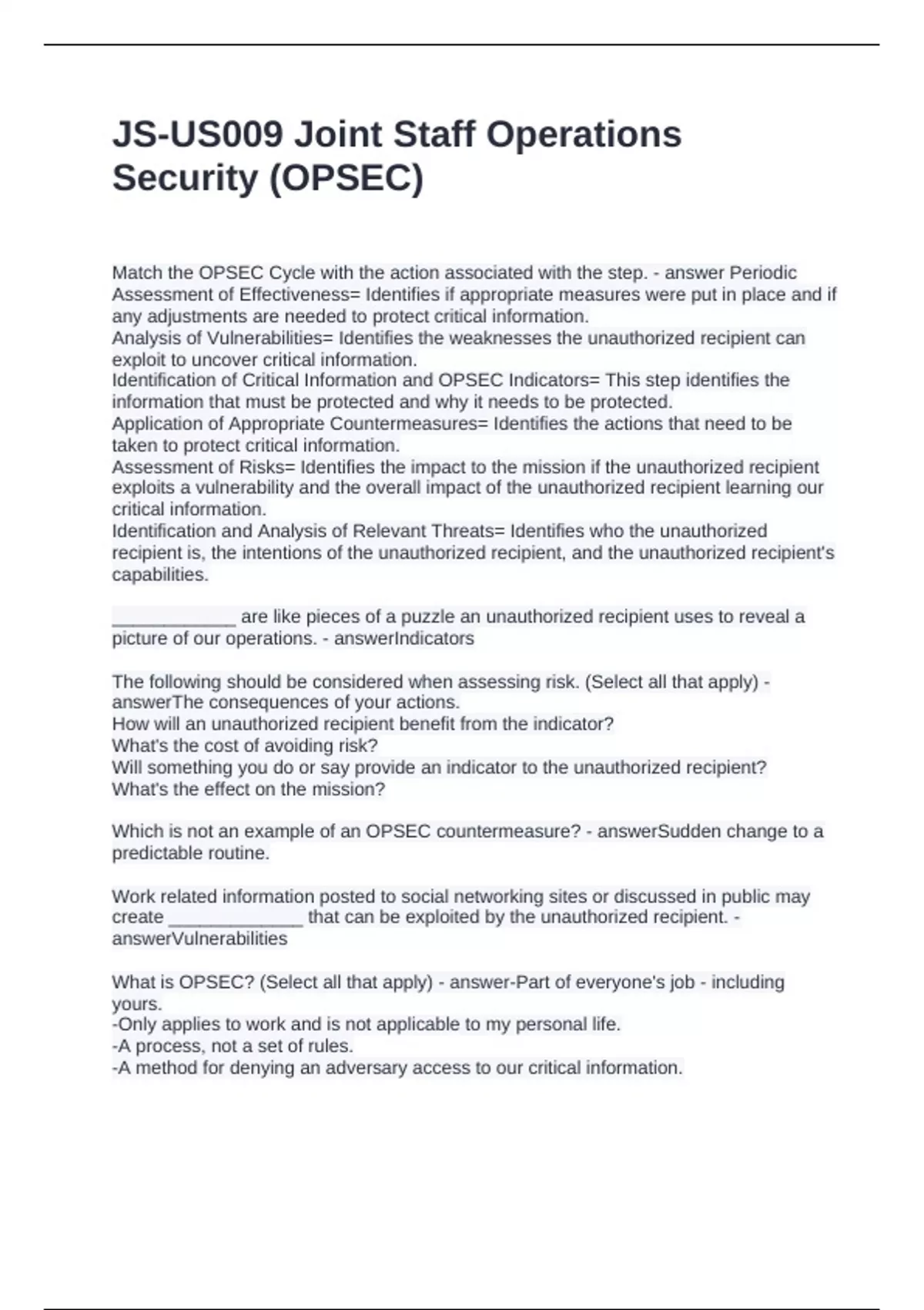 JS-US009 Joint Staff Operations Security (OPSEC) Questions with Correct ...
