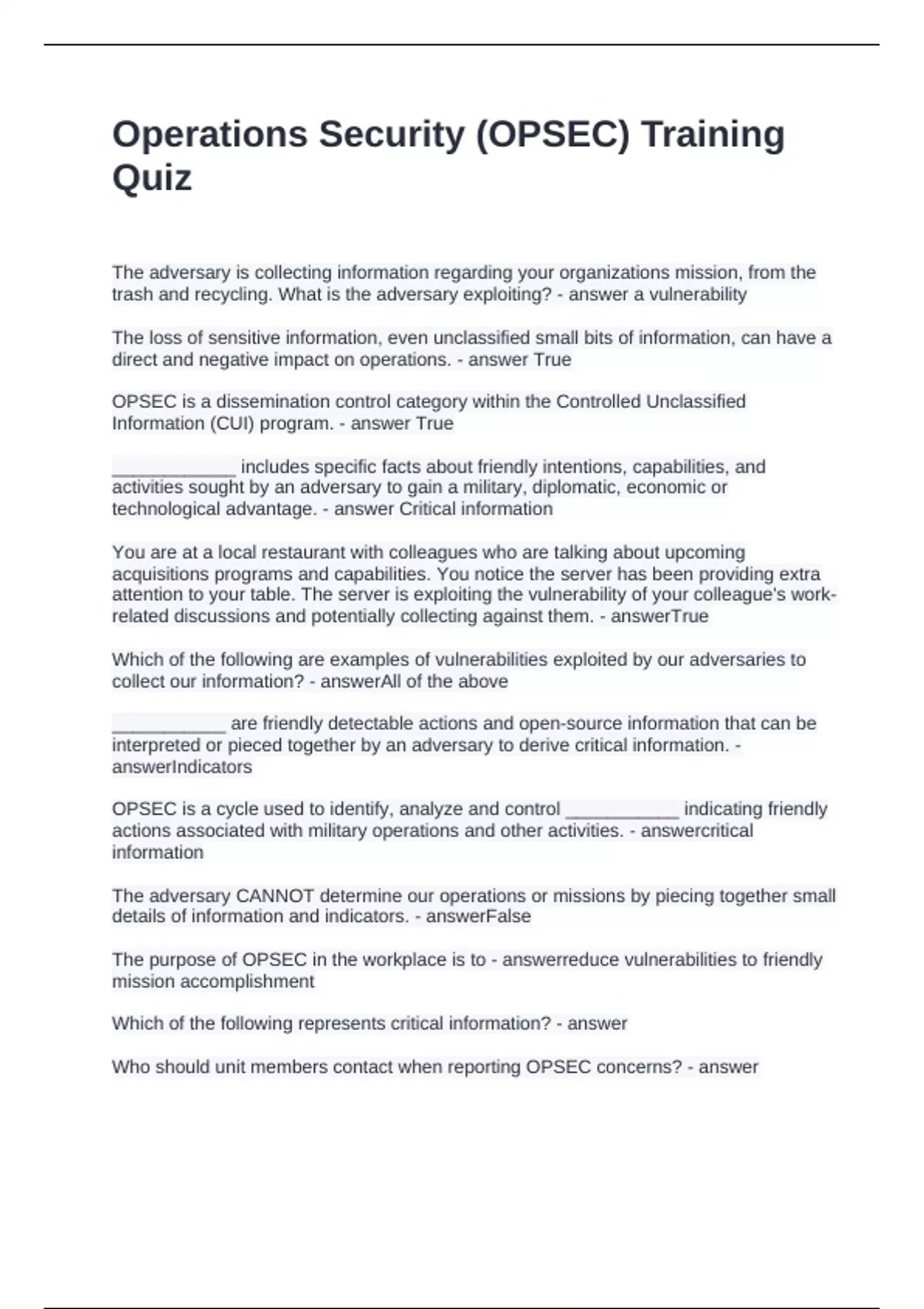 Operations Security (OPSEC) Training Quiz Questions and Answers - OPSEC - Stuvia US