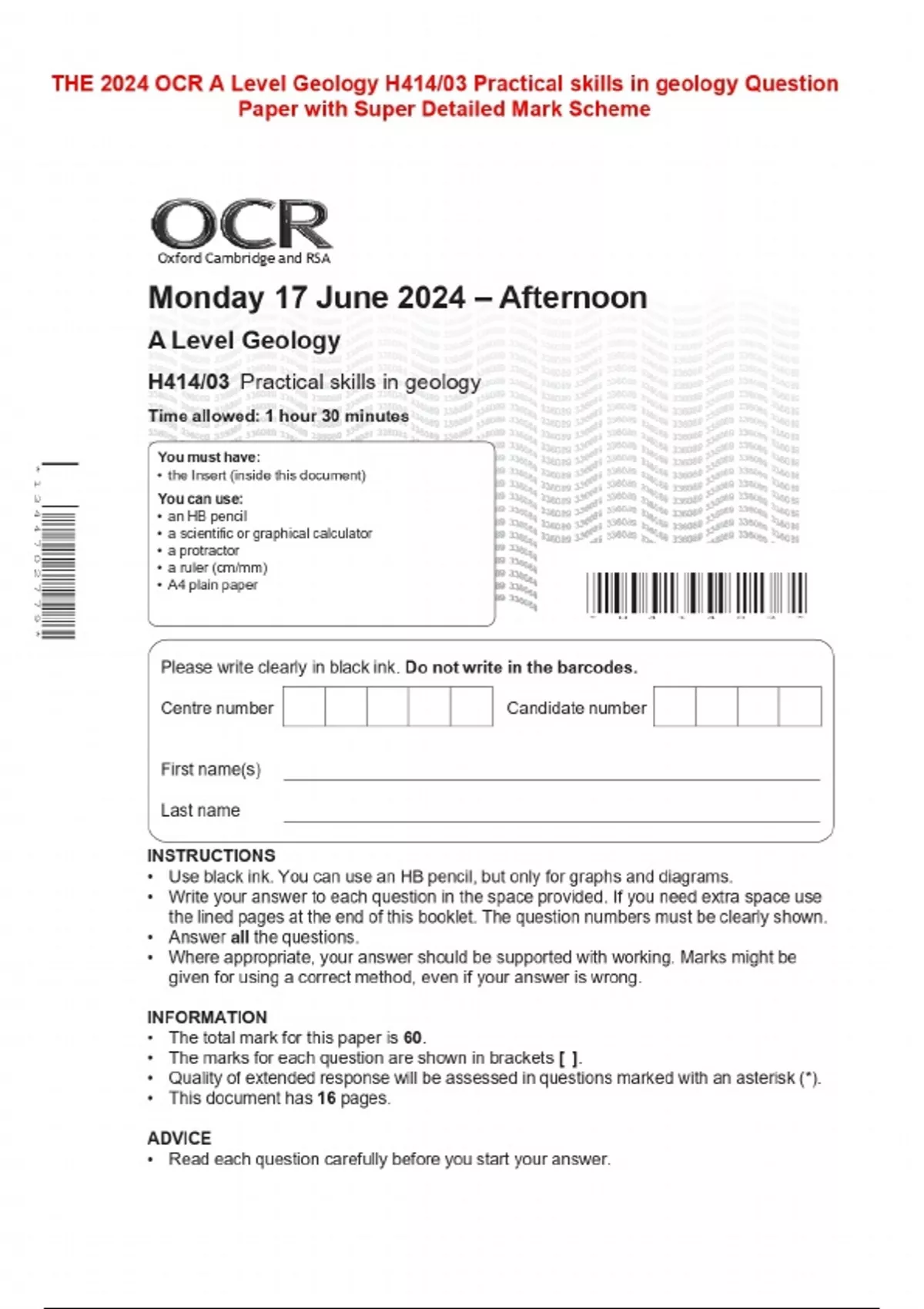 THE 2024 OCR A Level Geology H414/03 Practical skills in geology ...