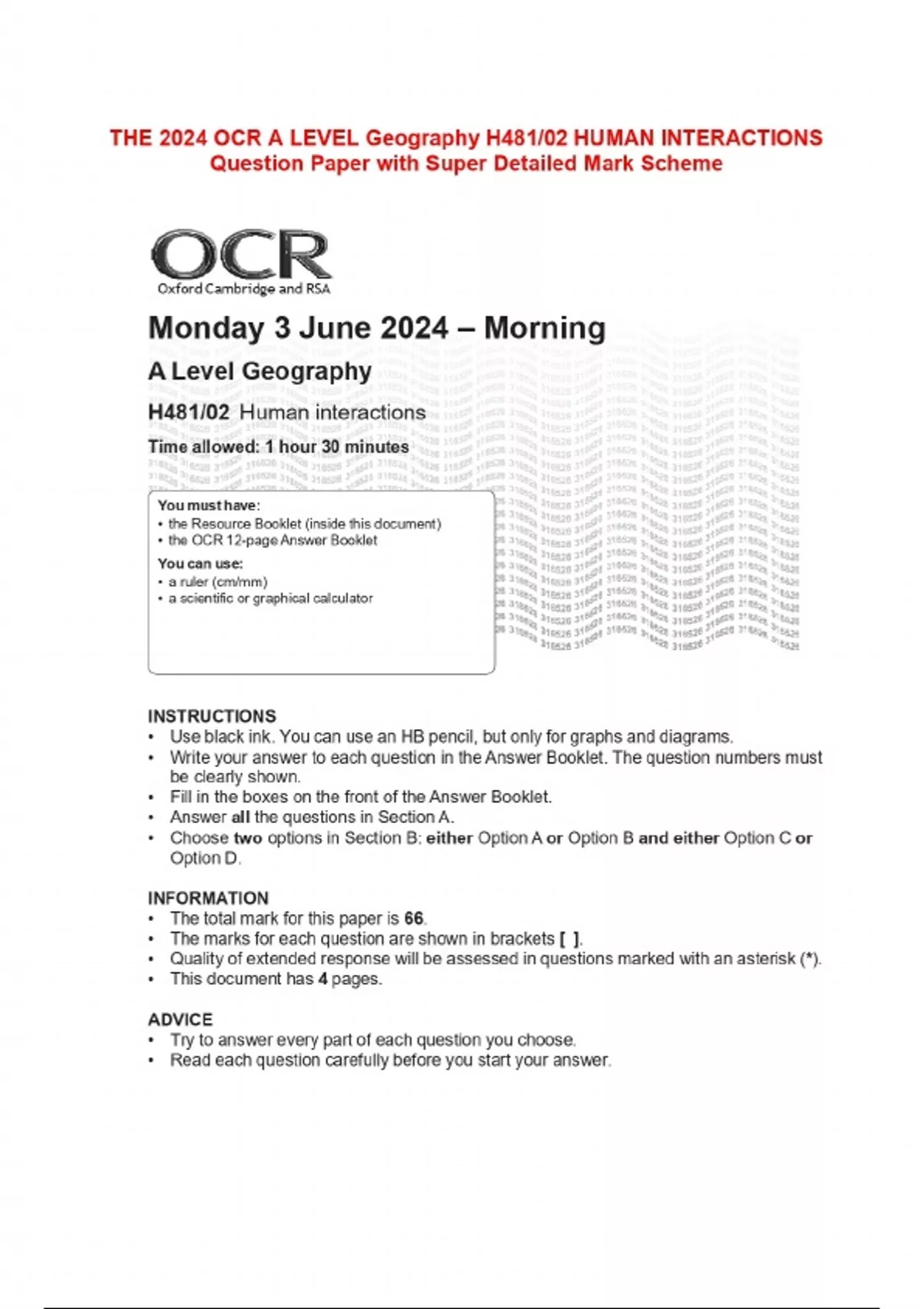 THE 2024 OCR A LEVEL Geography H481/02 HUMAN INTERACTIONS Question ...