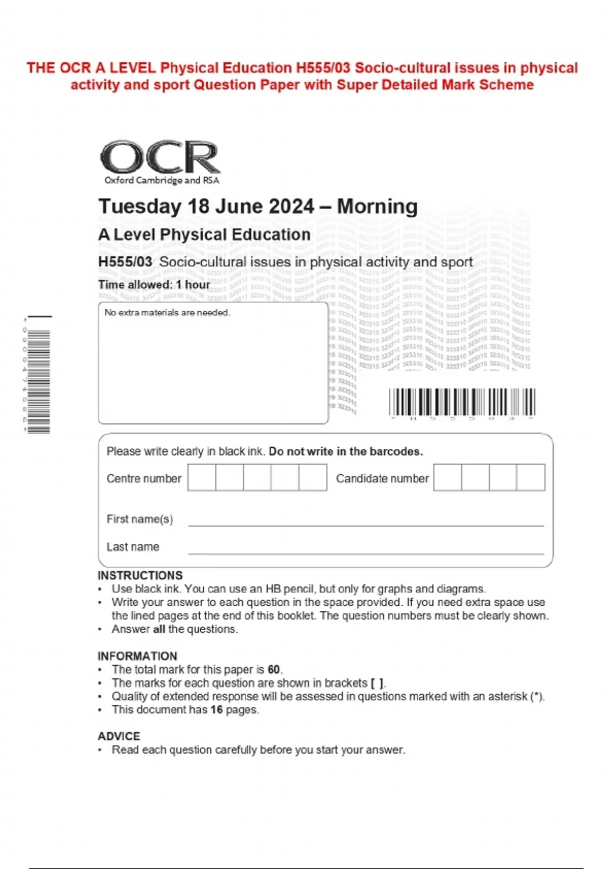 THE OCR A LEVEL Physical Education H555/03 Socio-cultural issues in ...