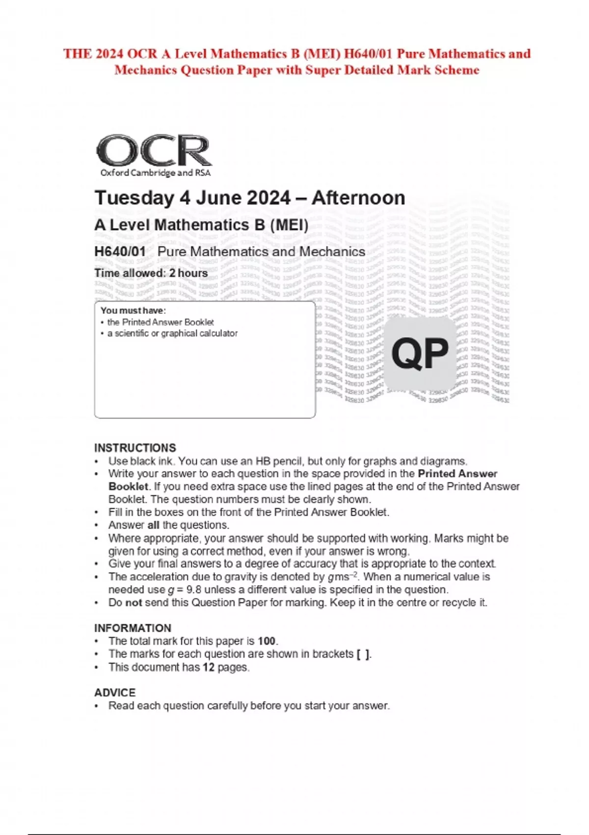THE 2024 OCR A Level Mathematics B (MEI) Question Paper with Super ...