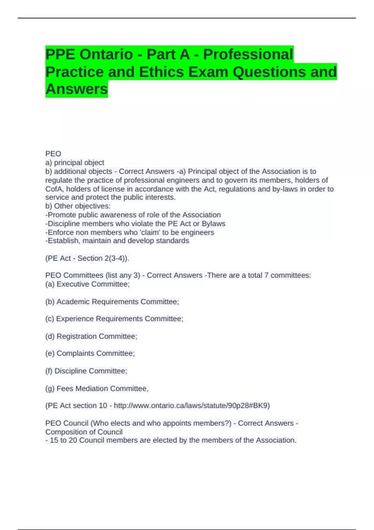 PPE Ontario - Part A - Professional Practice and Ethics Exam Questions ...