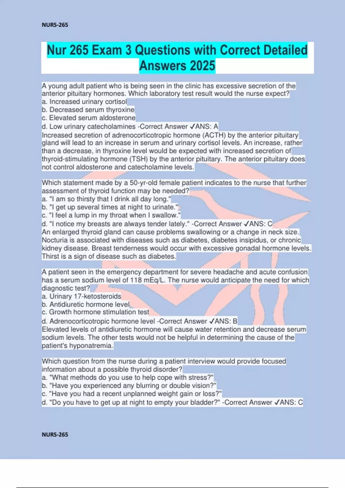 Nur 265 Exam 3 Questions with Correct Detailed Answers 2025 - NUR 265 ...