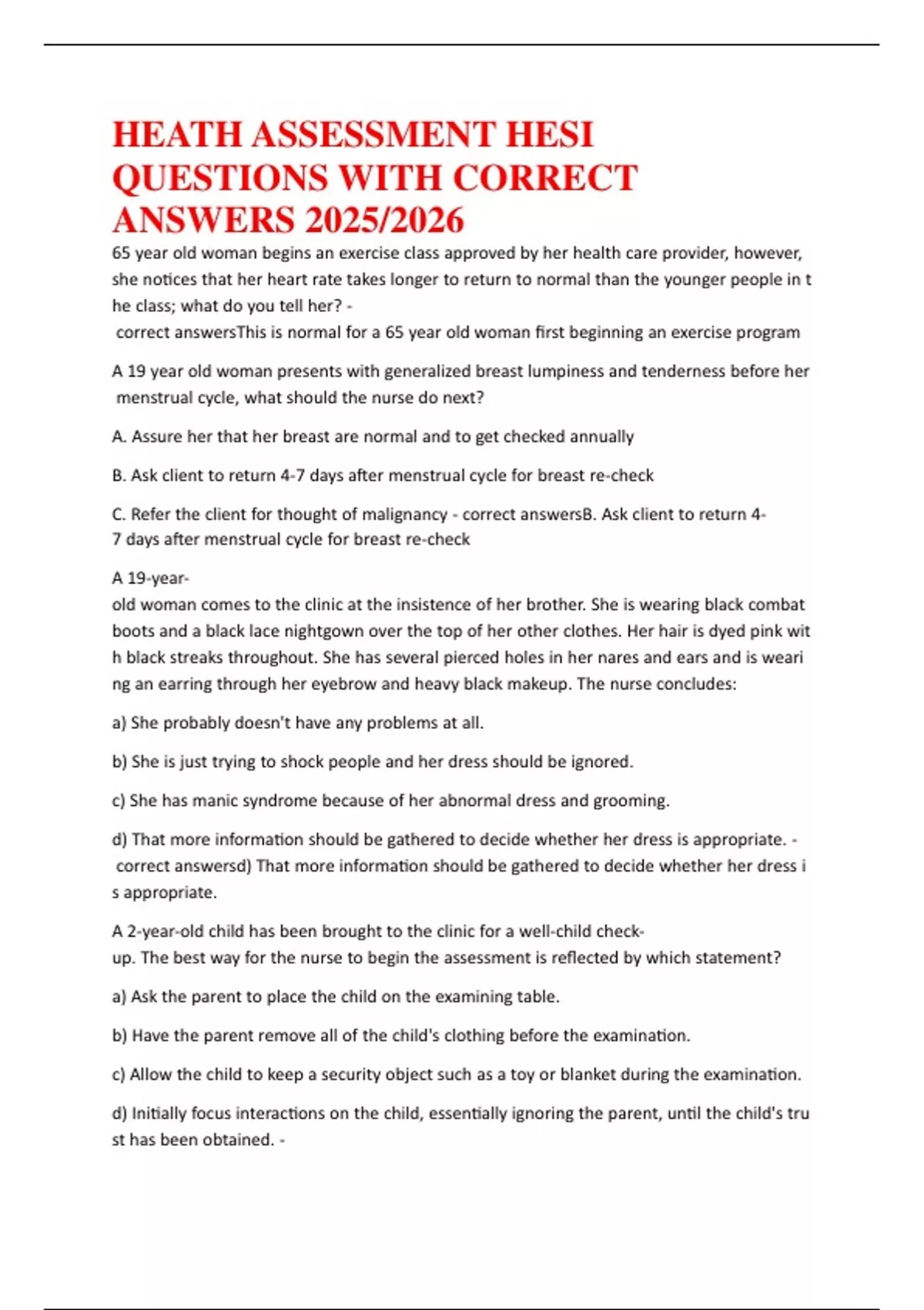 HEATH ASSESSMENT HESI QUESTIONS WITH CORRECT ANSWERS 2025 - SAUNDERS CH ...
