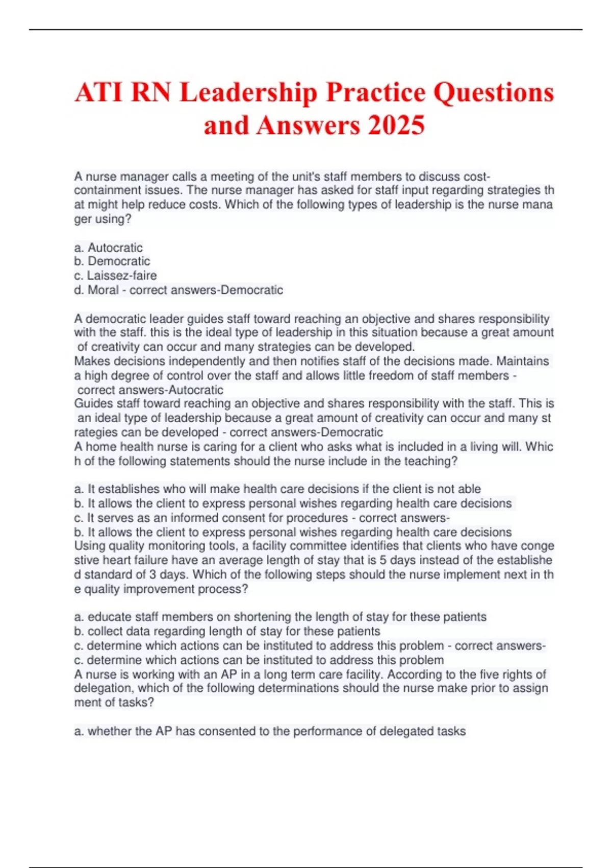 ATI RN Leadership Practice Questions and Answers 2025 - ATI RN. - Stuvia US