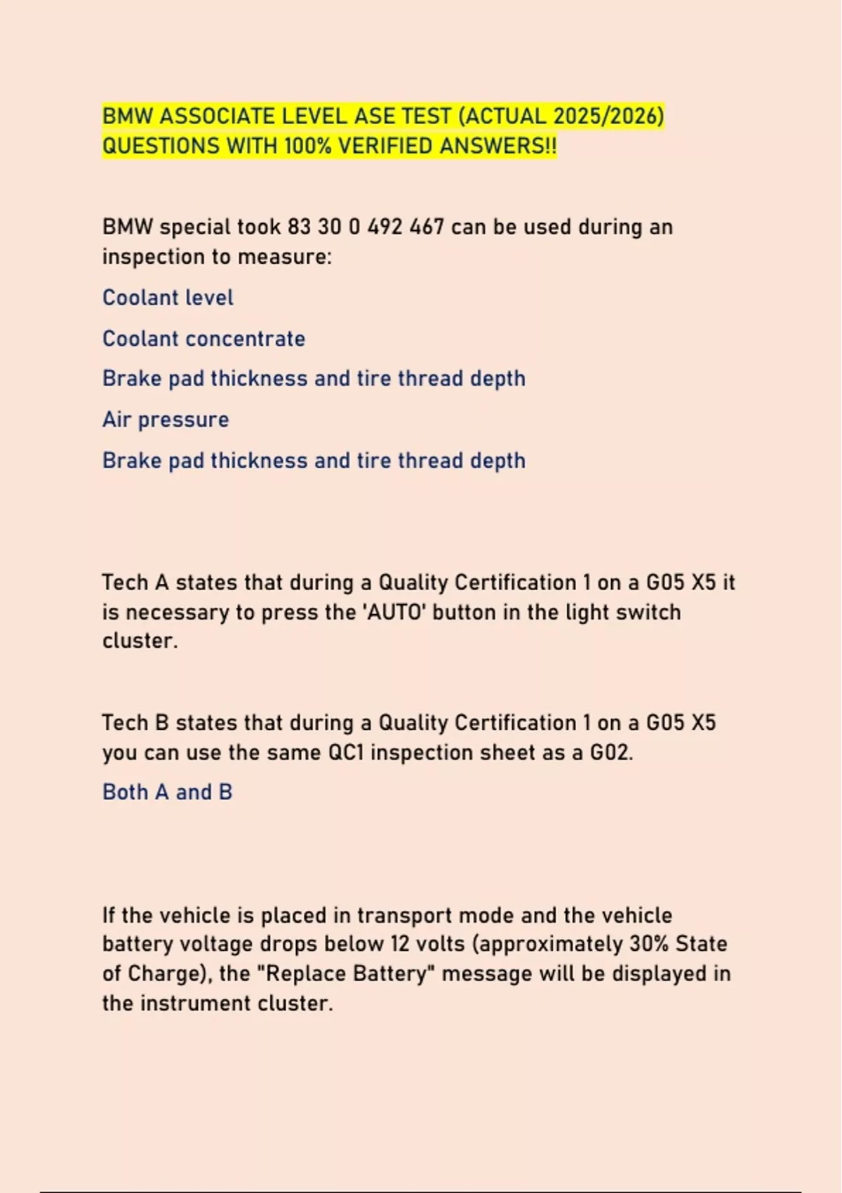 BMW ASSOCIATE LEVEL ASE TEST (ACTUAL 2025/2026) QUESTIONS WITH 100% ...