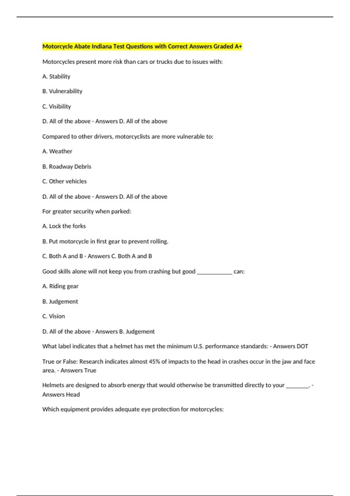 Motorcycle Abate Indiana Test Questions with Correct Answers Graded A+ ...