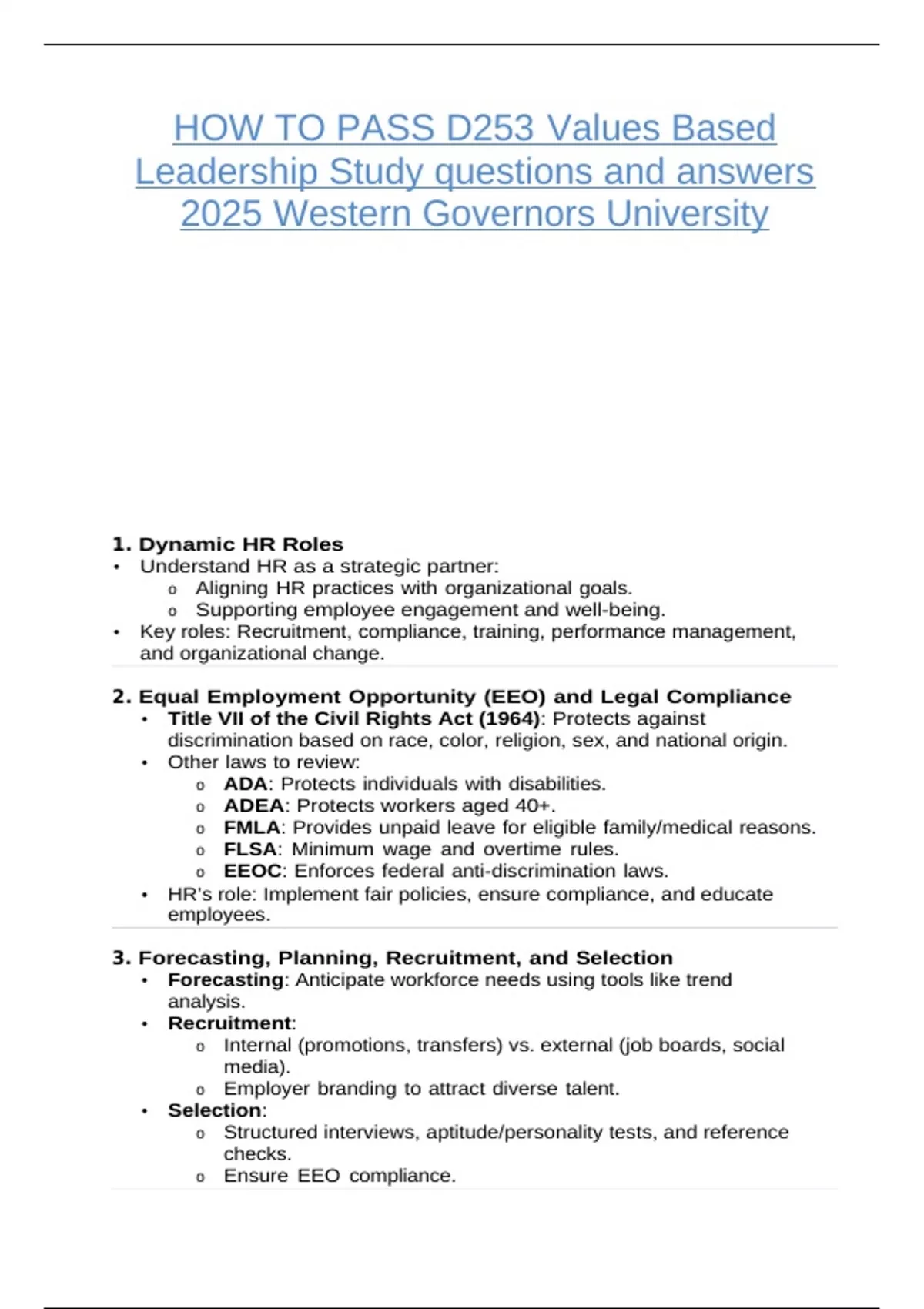 HOW TO PASS D253 Values Based Leadership Study questions and answers ...