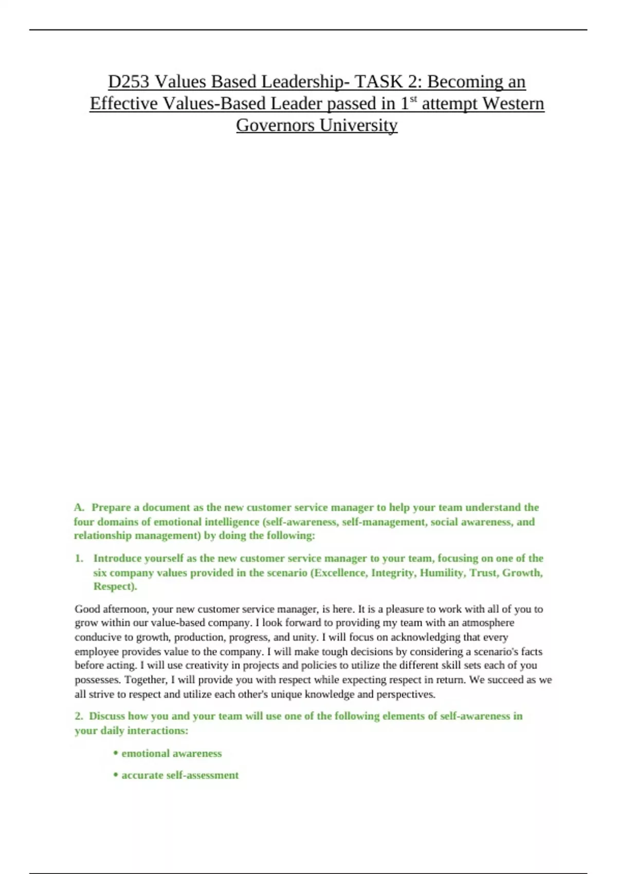 D253 Values Based Leadership- TASK 2: Becoming an Effective Values ...