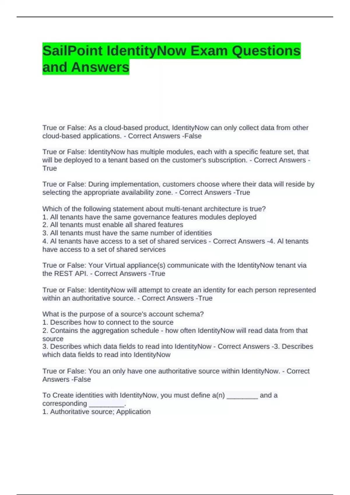 SailPoint IdentityNow Exam Questions and Answers - Sailpoint - Stuvia US