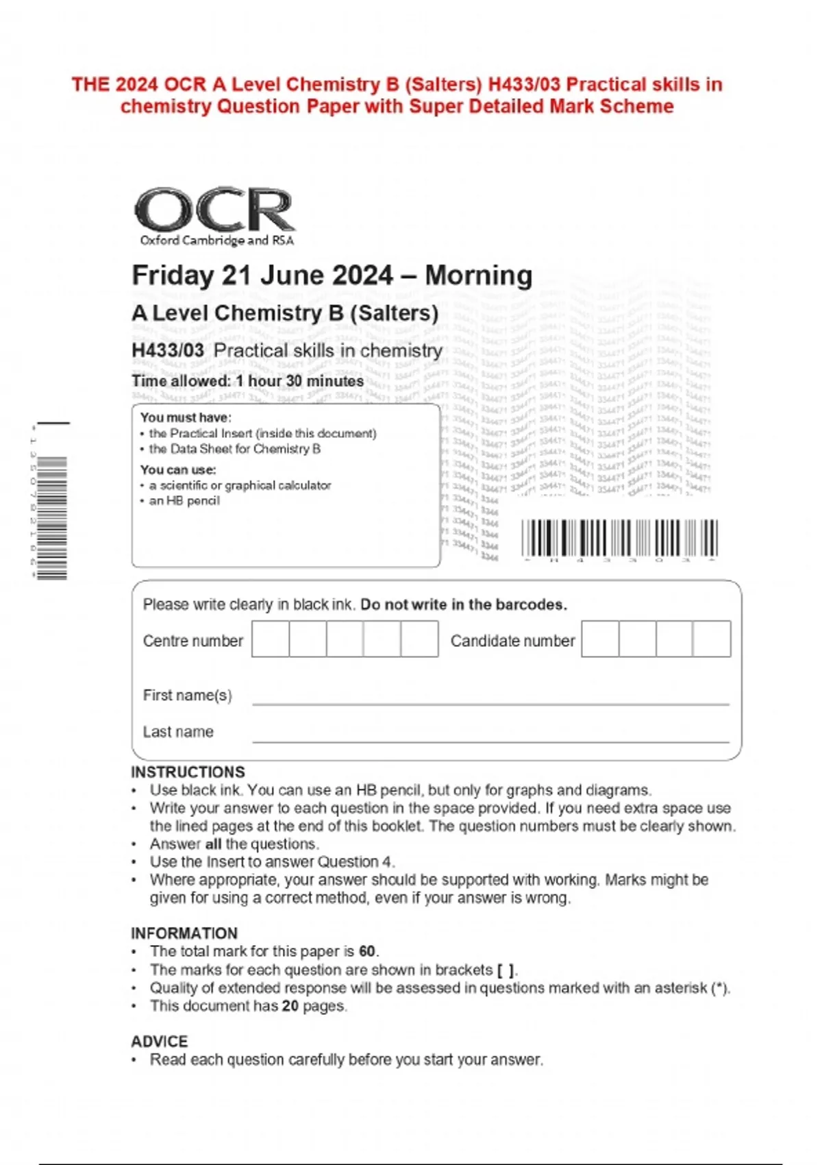 THE 2024 OCR A Level Chemistry B (Salters) H433/03 Practical skills in ...