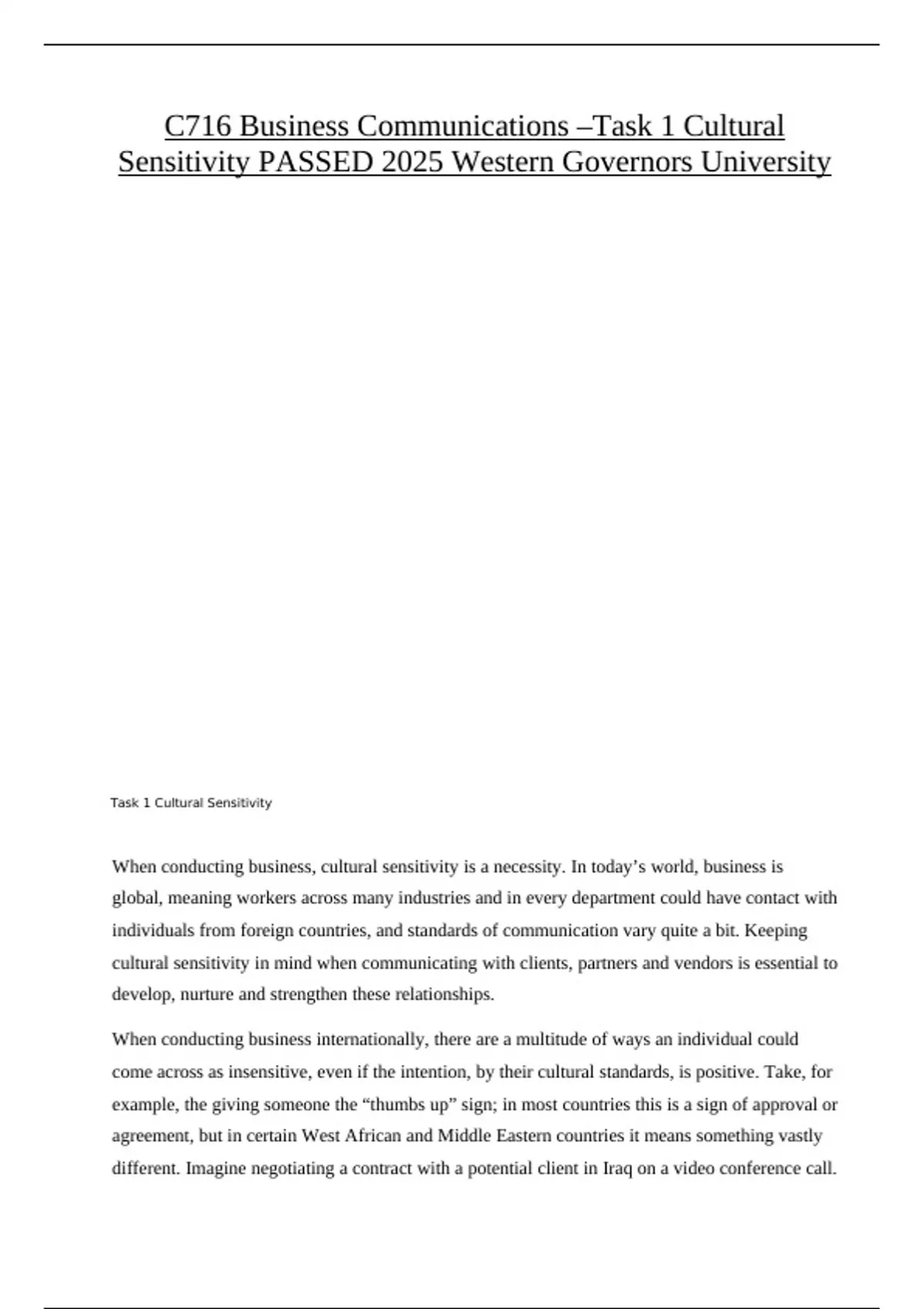 C716 Business Communications –Task 1 Cultural Sensitivity PASSED 2025 ...
