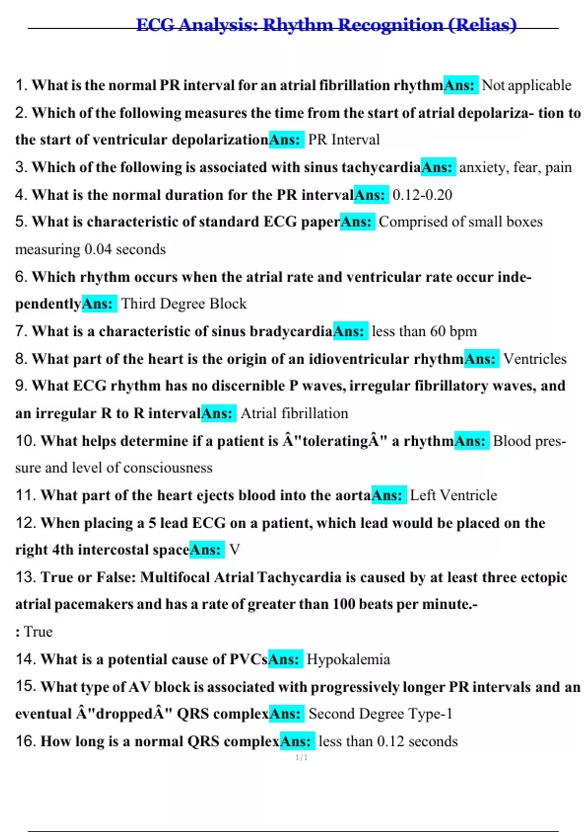 ECG Analysis: Rhythm Recognition (Relias) Questions and Answers 100% ...