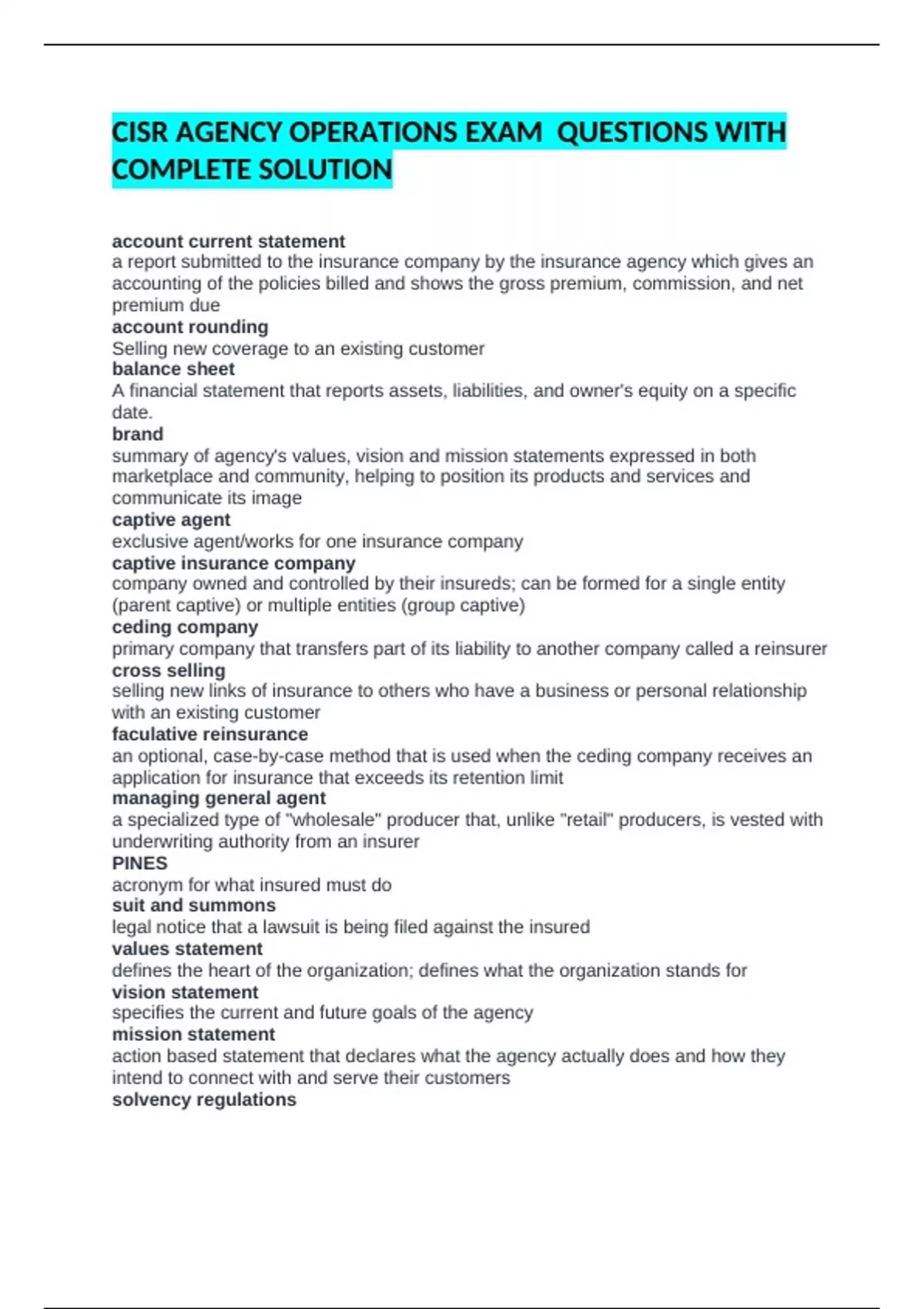 BUNDLED CISR AGENCY OPERATIONS EXAM QUESTIONS WITH COMPLETE SOLUTION ...