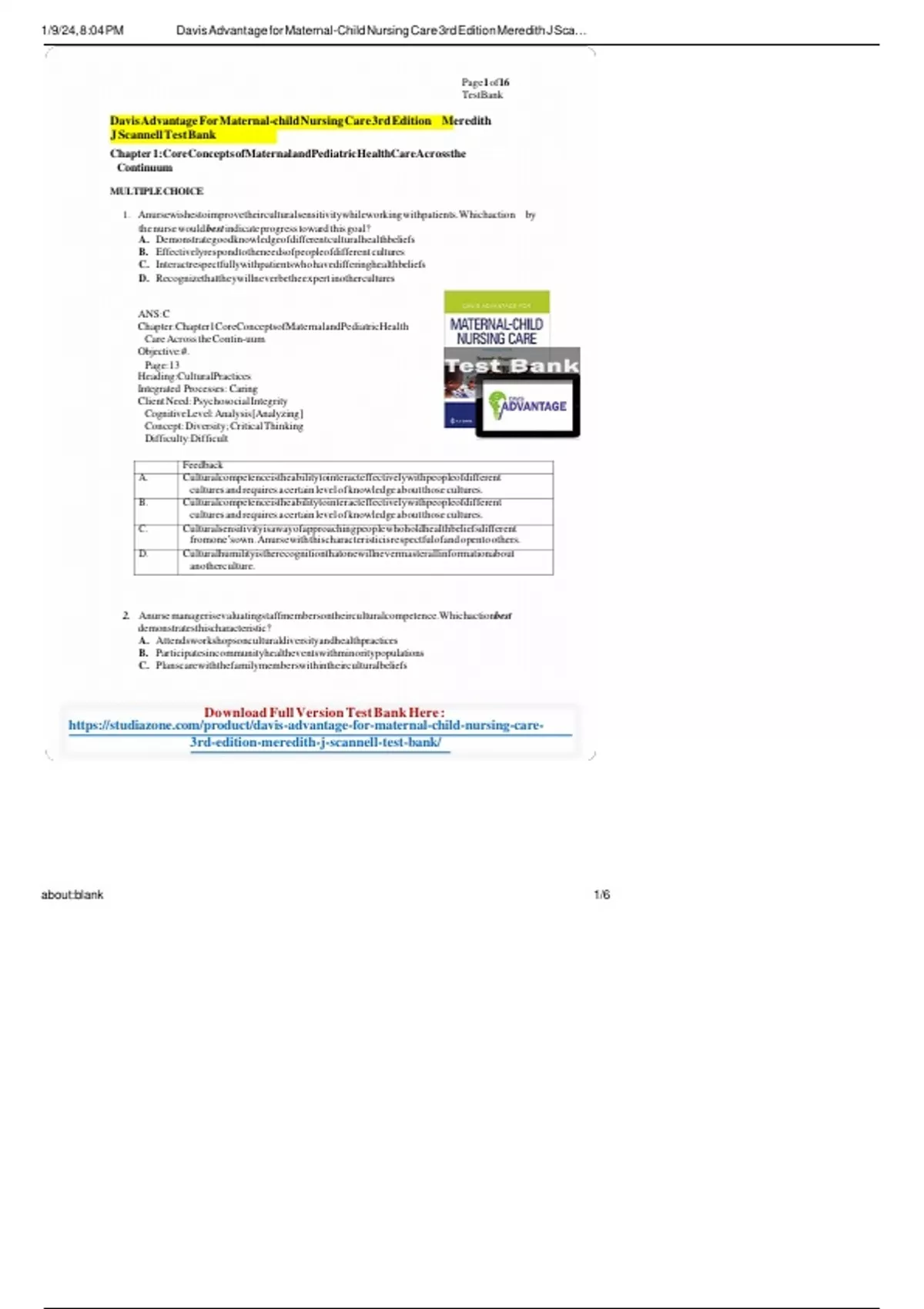 TEST BANK Davis Advantage for Maternal Child Nursing Care 3rd Ed by ...