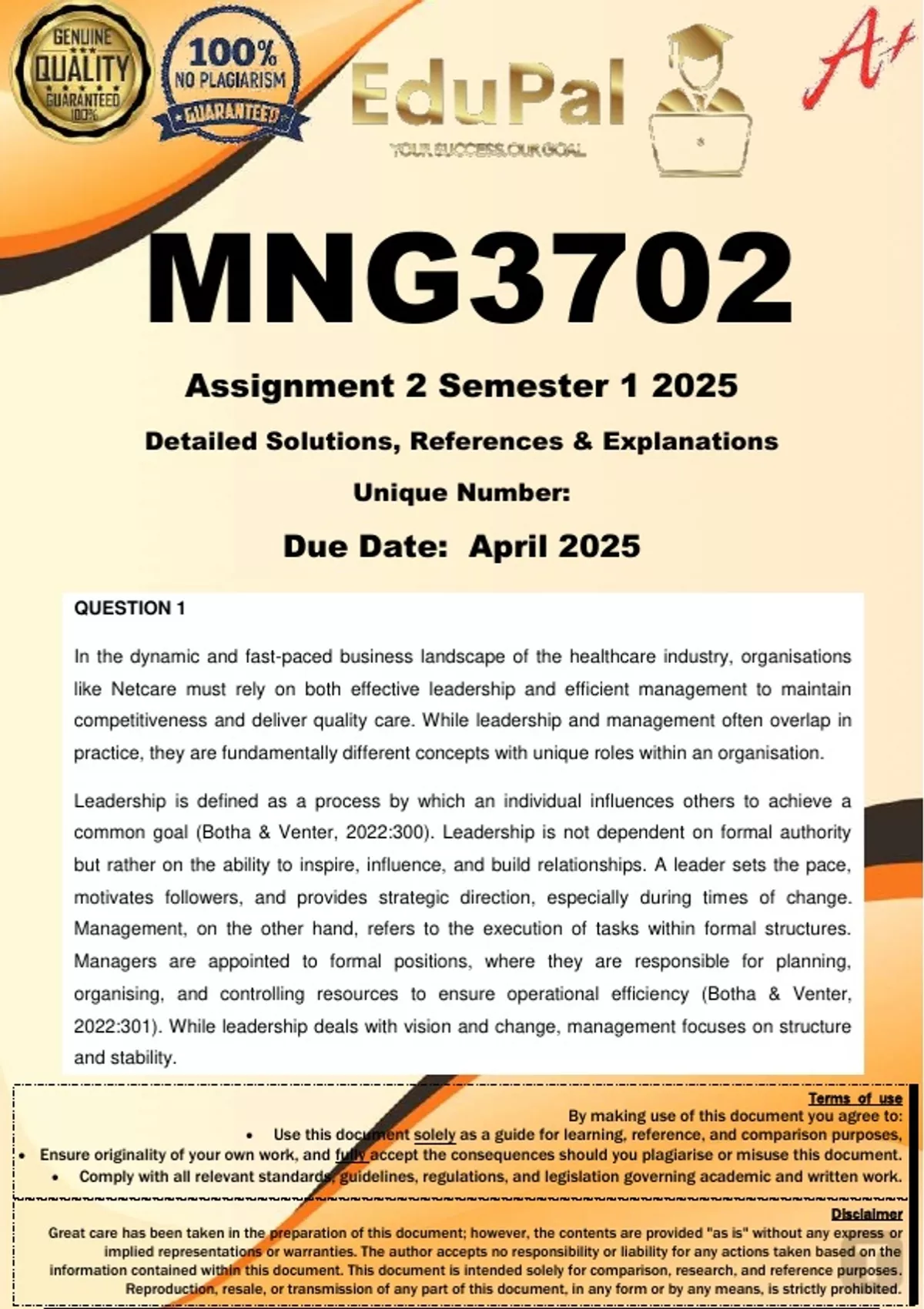 MNG3702 Assignment 2 (COMPLETE ANSWERS) Semester 1 2025 - DUE April ...