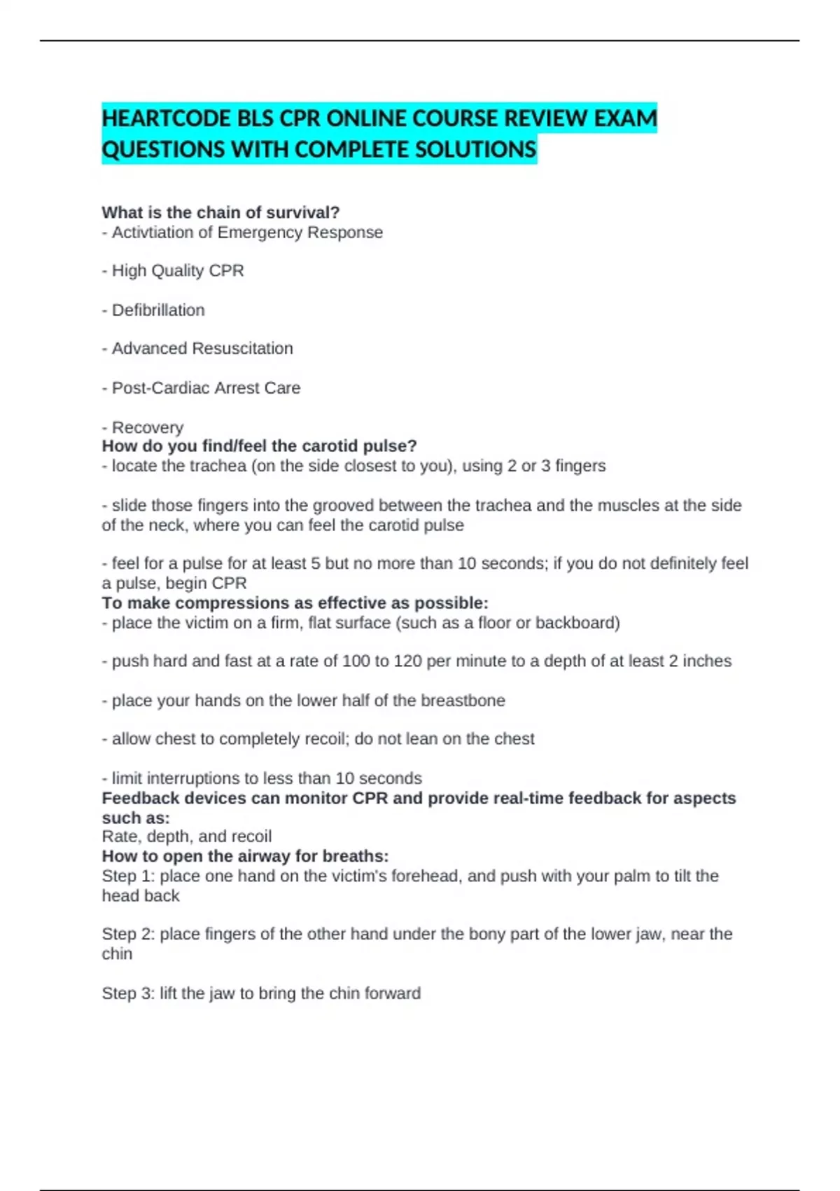 HEARTCODE BLS CPR ONLINE COURSE REVIEW EXAM QUESTIONS WITH COMPLETE ...