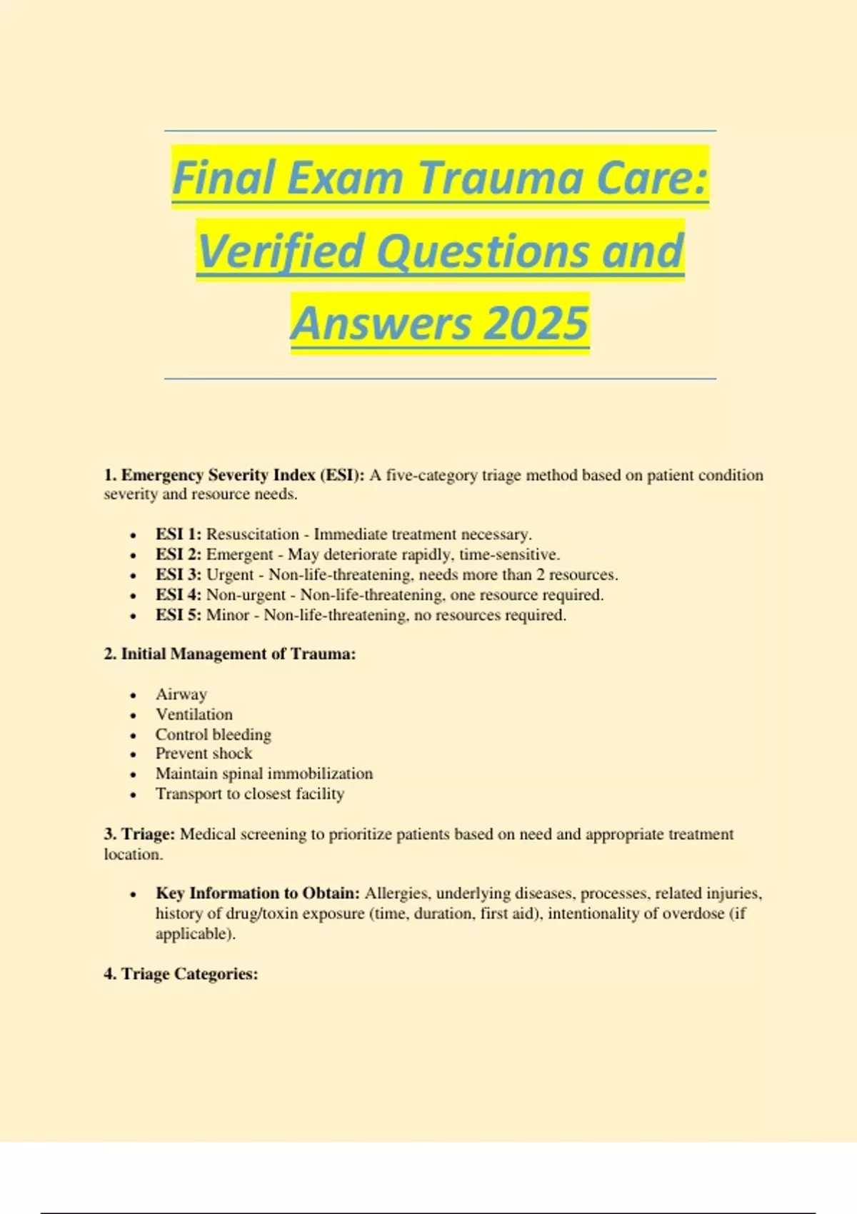 Final Exam Trauma Care Verified Questions and Answers for 2025 are ...